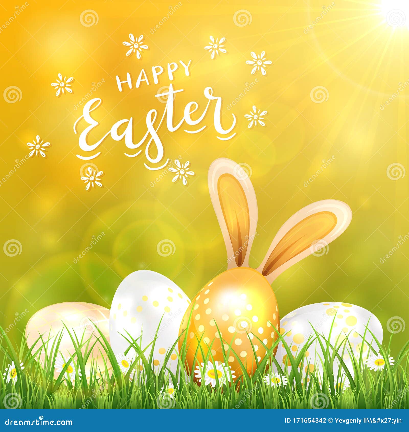 Golden Easter Eggs in Grass and Rabbit Ears Stock Vector - Illustration ...