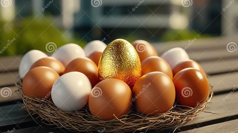 Golden Egg Nestled among Ordinary Eggs in Soft Light Setting Stock ...