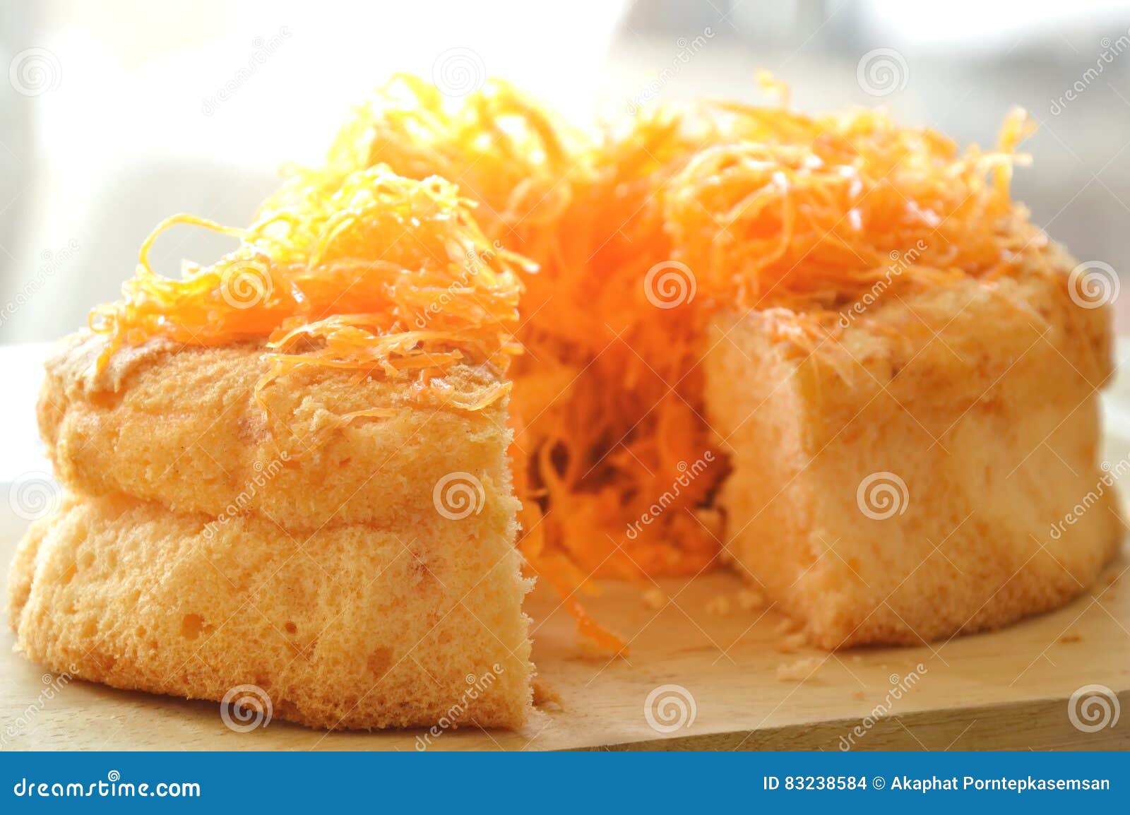 Golden Egg Threads Cake Cut for Piece on Chop Plate Stock Photo - Image ...