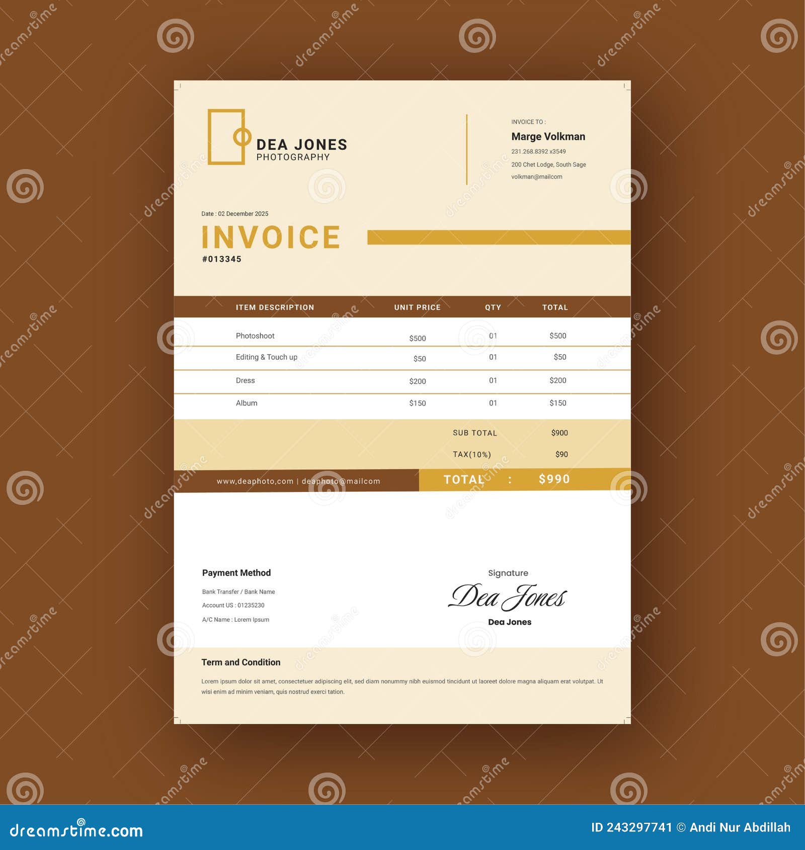 Golden Elegant Modern Luxury Invoice Bill Business A4 Print Template Stock Vector Illustration