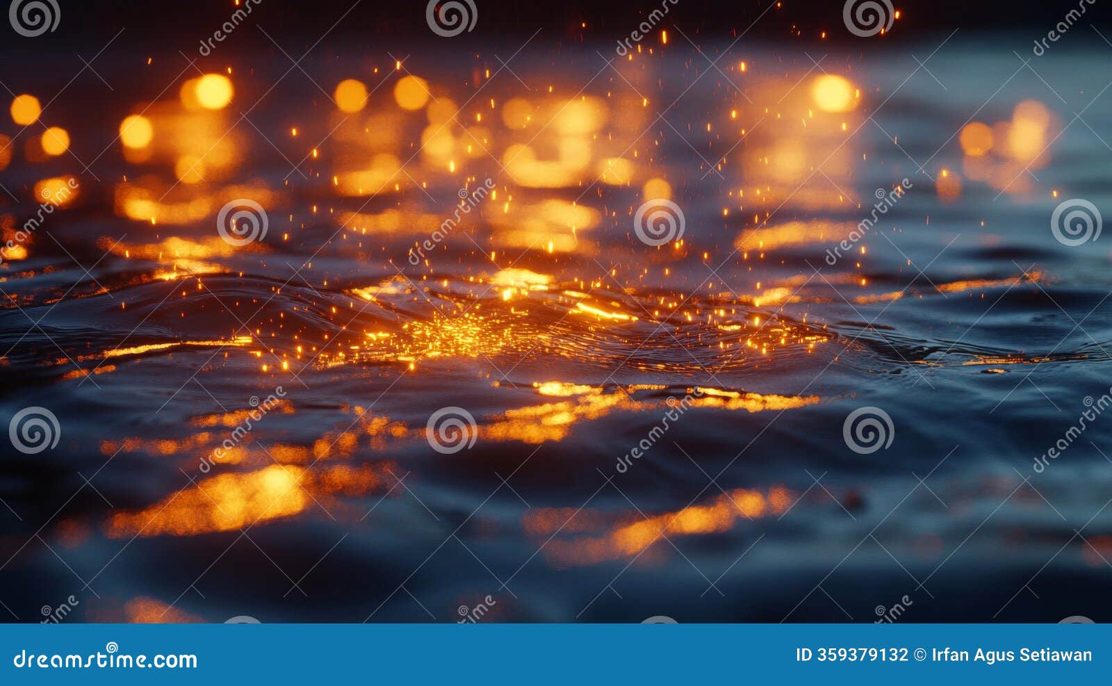 Golden Embers Dancing on Dark Water Surface Stock Illustration ...