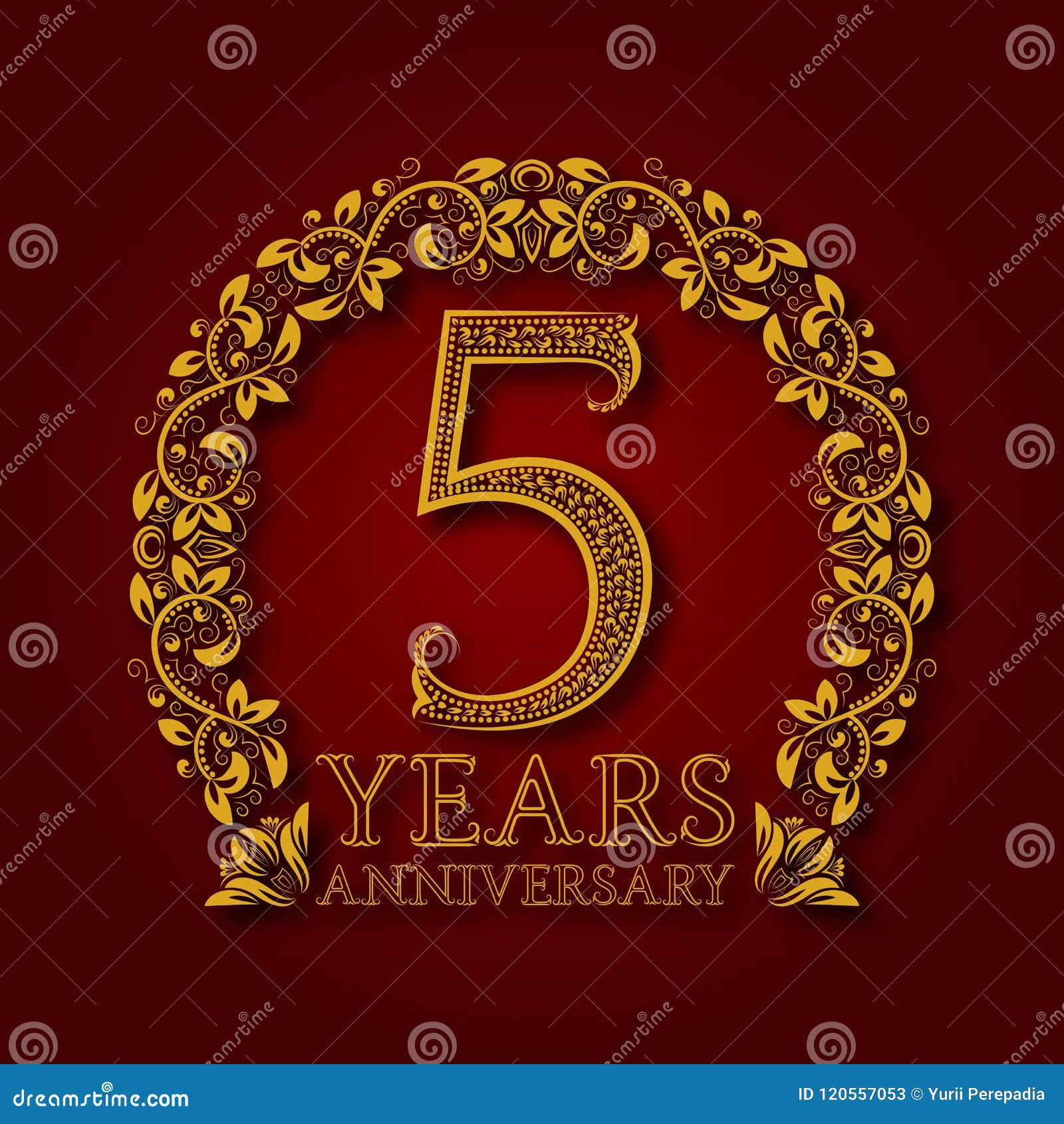 Golden Emblem of Fifth Years Anniversary. Celebration Patterned ...