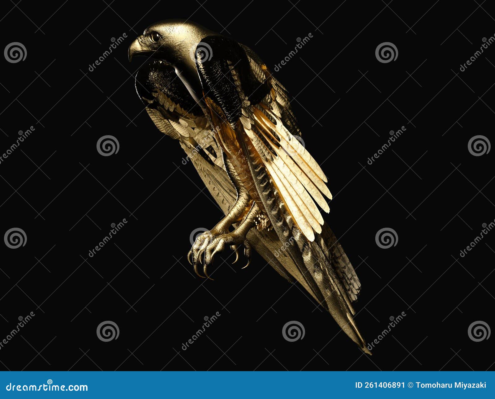 A Golden Falcon with Folded Wings. Side View. 3D Illustration Stock ...