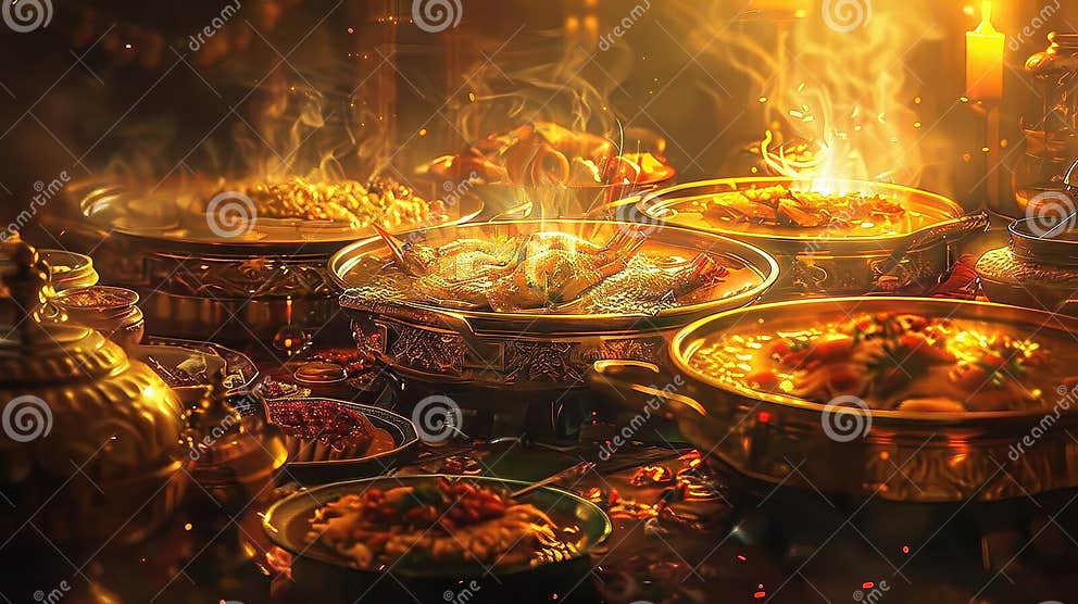 Golden Feast, a Table Setting of Delicious Dishes Stock Illustration ...