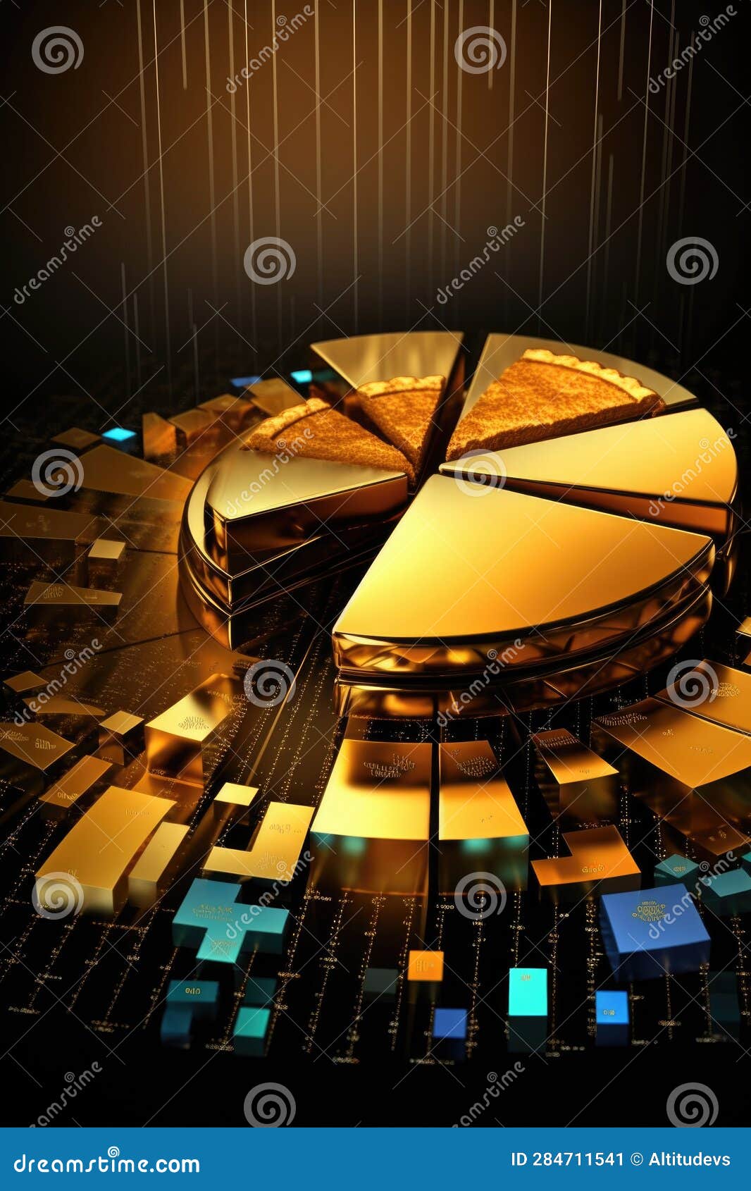 Golden Financial Bar Graphs and Pie Charts Stock Illustration ...
