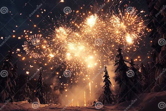 Golden Fireworks Exploding Over Snow Covered Forest at Night Editorial ...