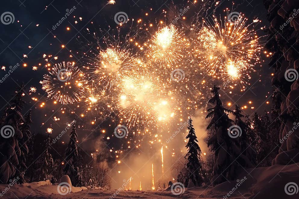 Golden Fireworks Exploding Over Snow Covered Forest at Night Editorial ...