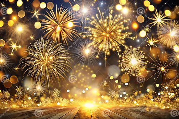 Golden Fireworks Exploding Over Wooden Floor at Night Stock ...