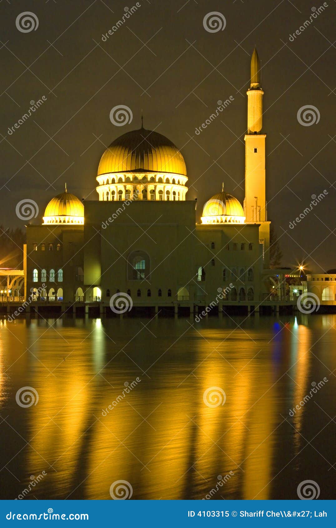 Golden Floating Mosque at Night Stock Image - Image of dome, muslim ...