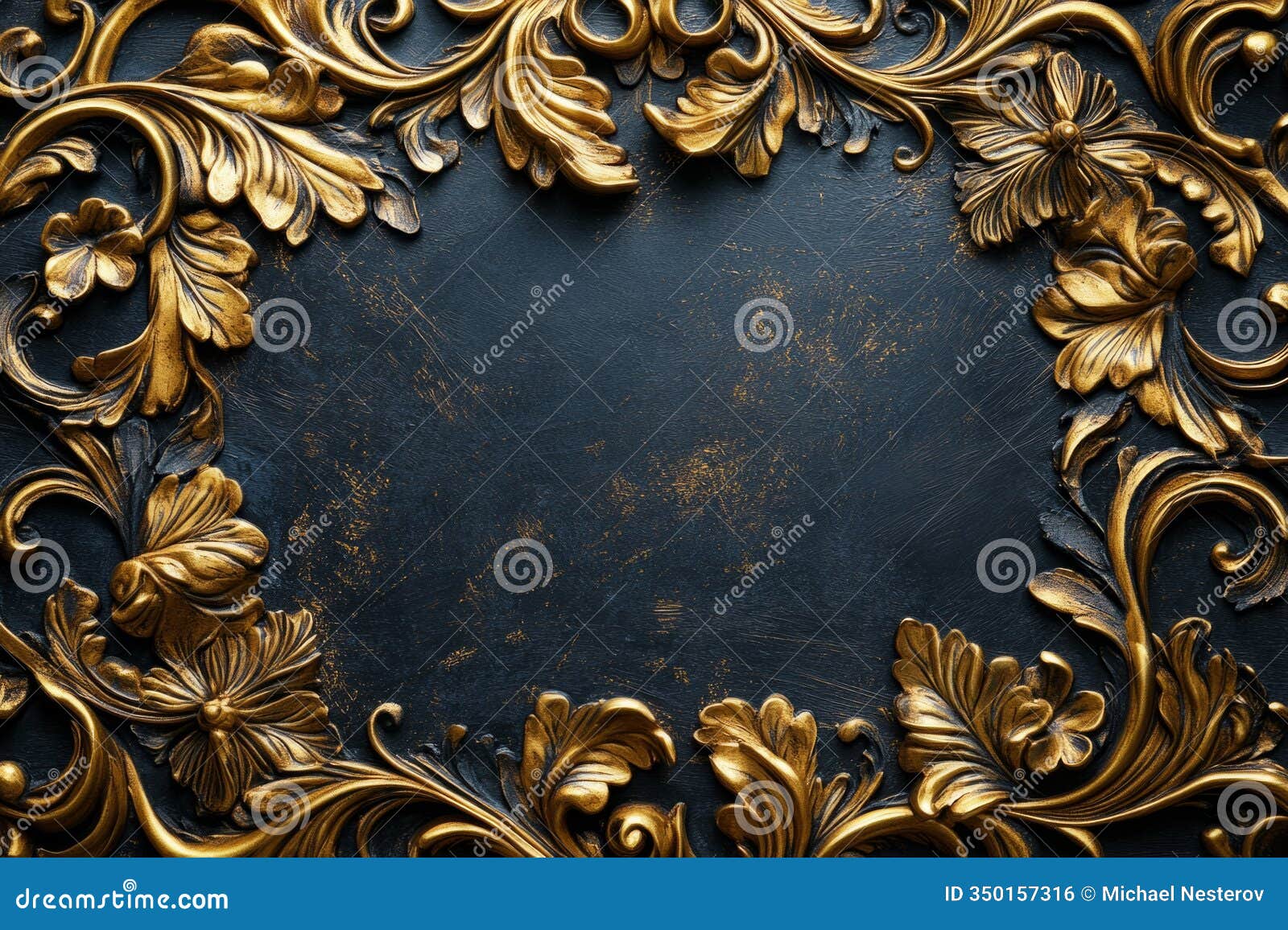 Golden Floral Ornament Creating a Frame on a Black Background Stock ...