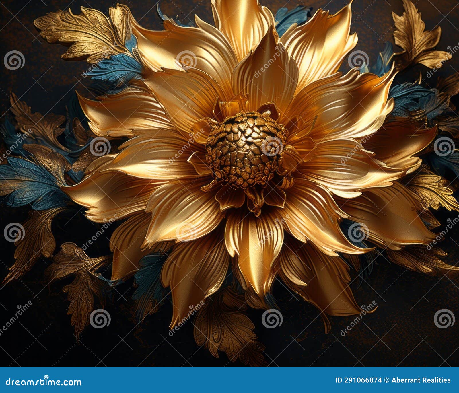 Golden Flower on Black Background with Leaves Stock Illustration ...