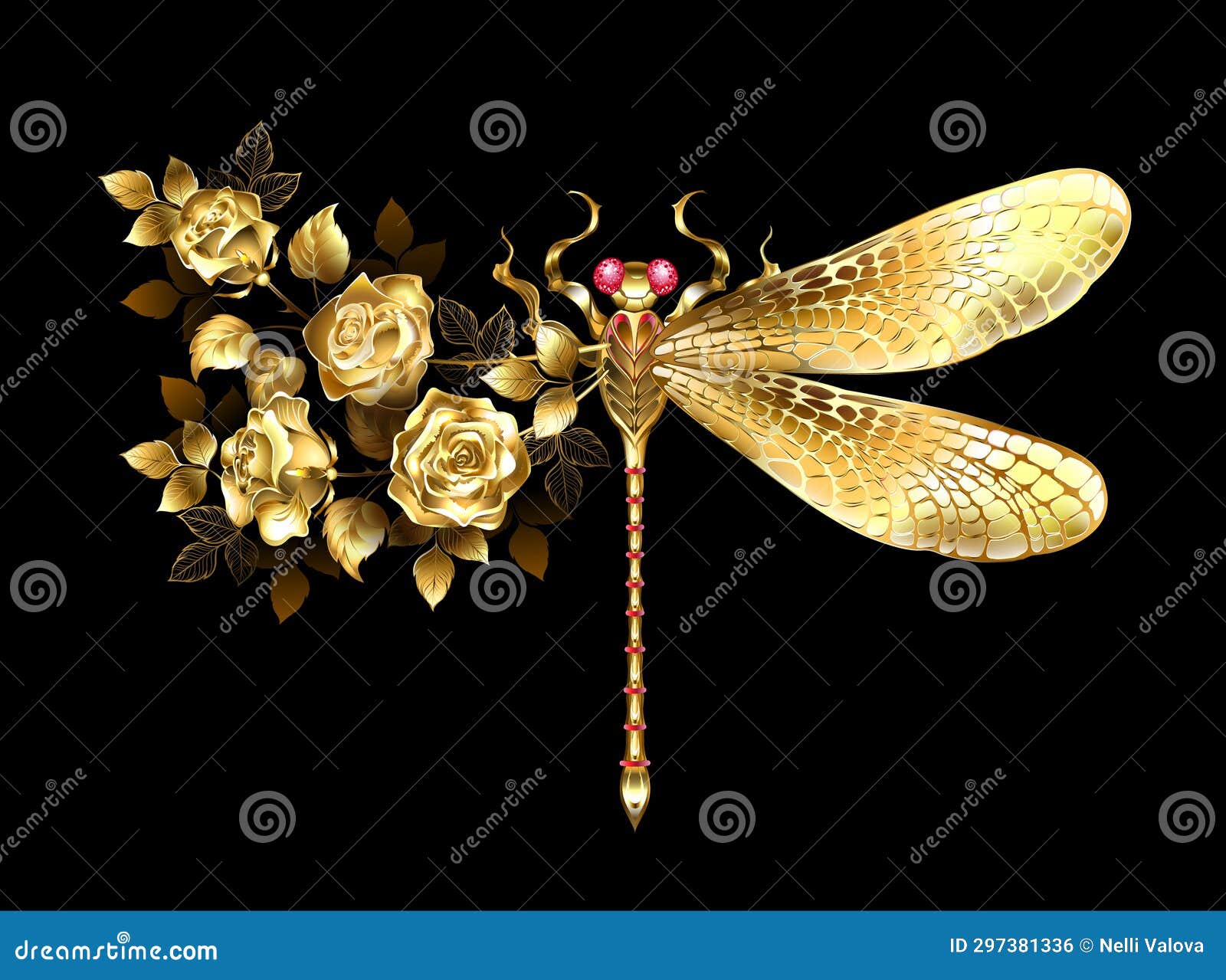 Golden Flower Dragonfly with Rose Stock Illustration - Illustration of ... Golden Flower Dragonfly with Rose Stock Illustration - Illustration of ...