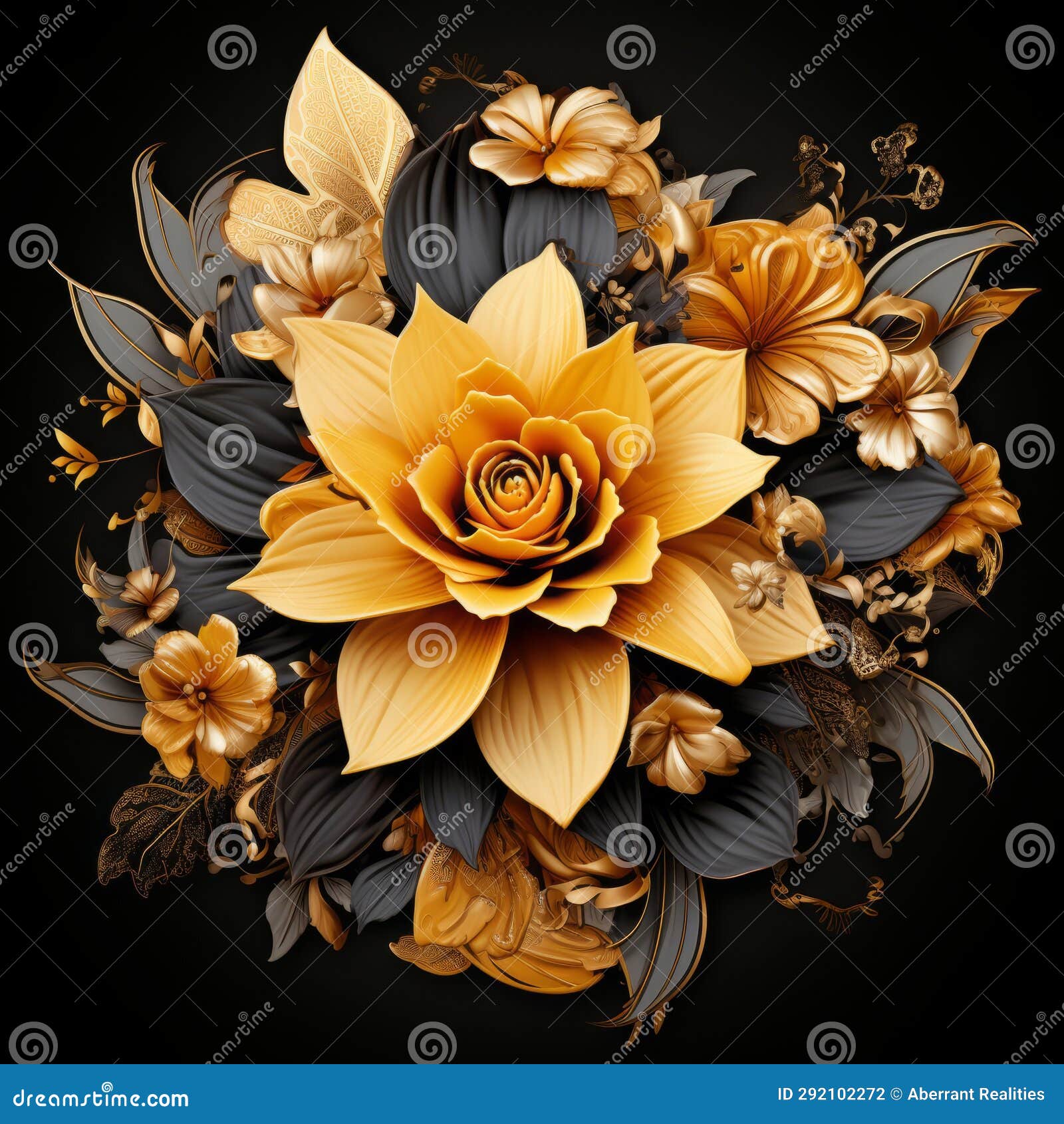 Golden Flowers and Leaves on a Black Background Stock Illustration ...
