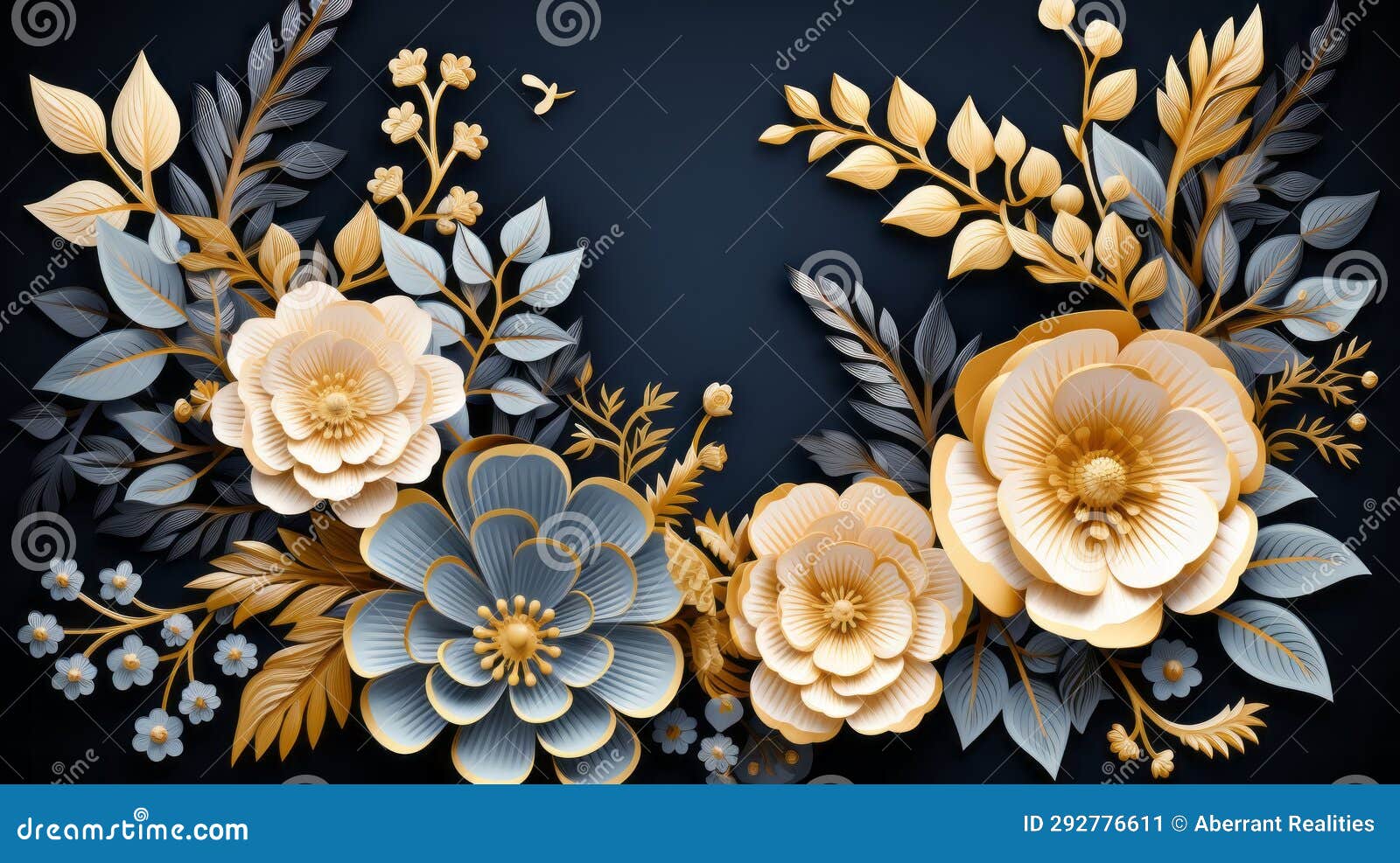 Golden Flowers and Leaves on a Black Background Stock Illustration ...