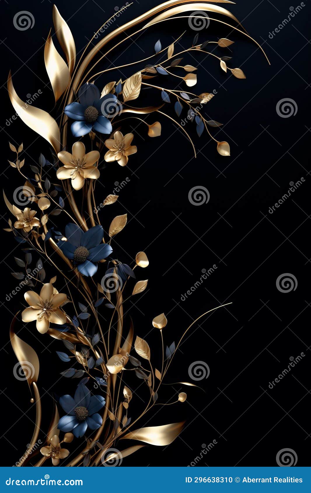 Golden Flowers and Leaves on a Black Background Stock Illustration ...