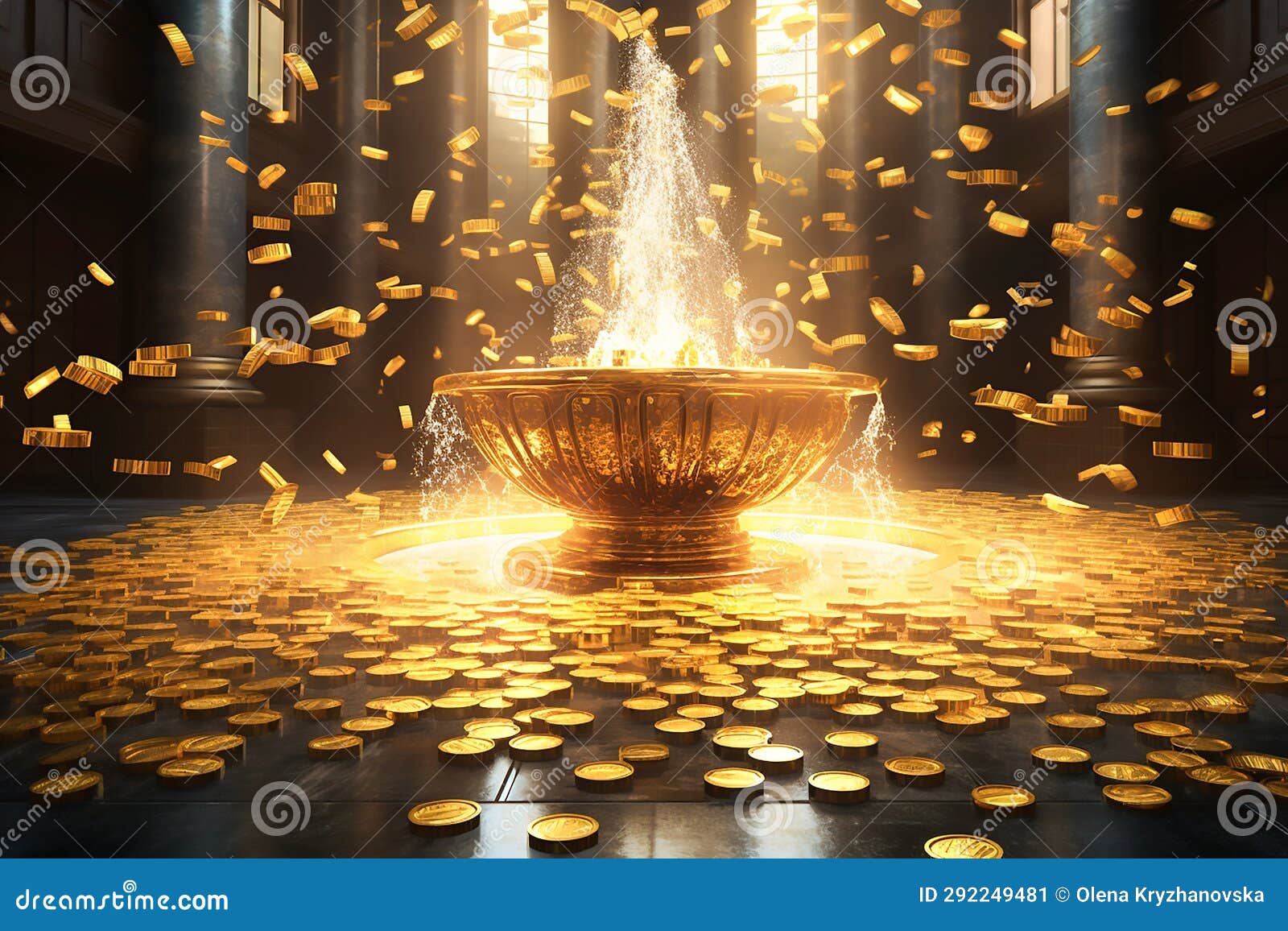 Golden Fountain with Golden Coins in a Ray of Light Stock Illustration ...