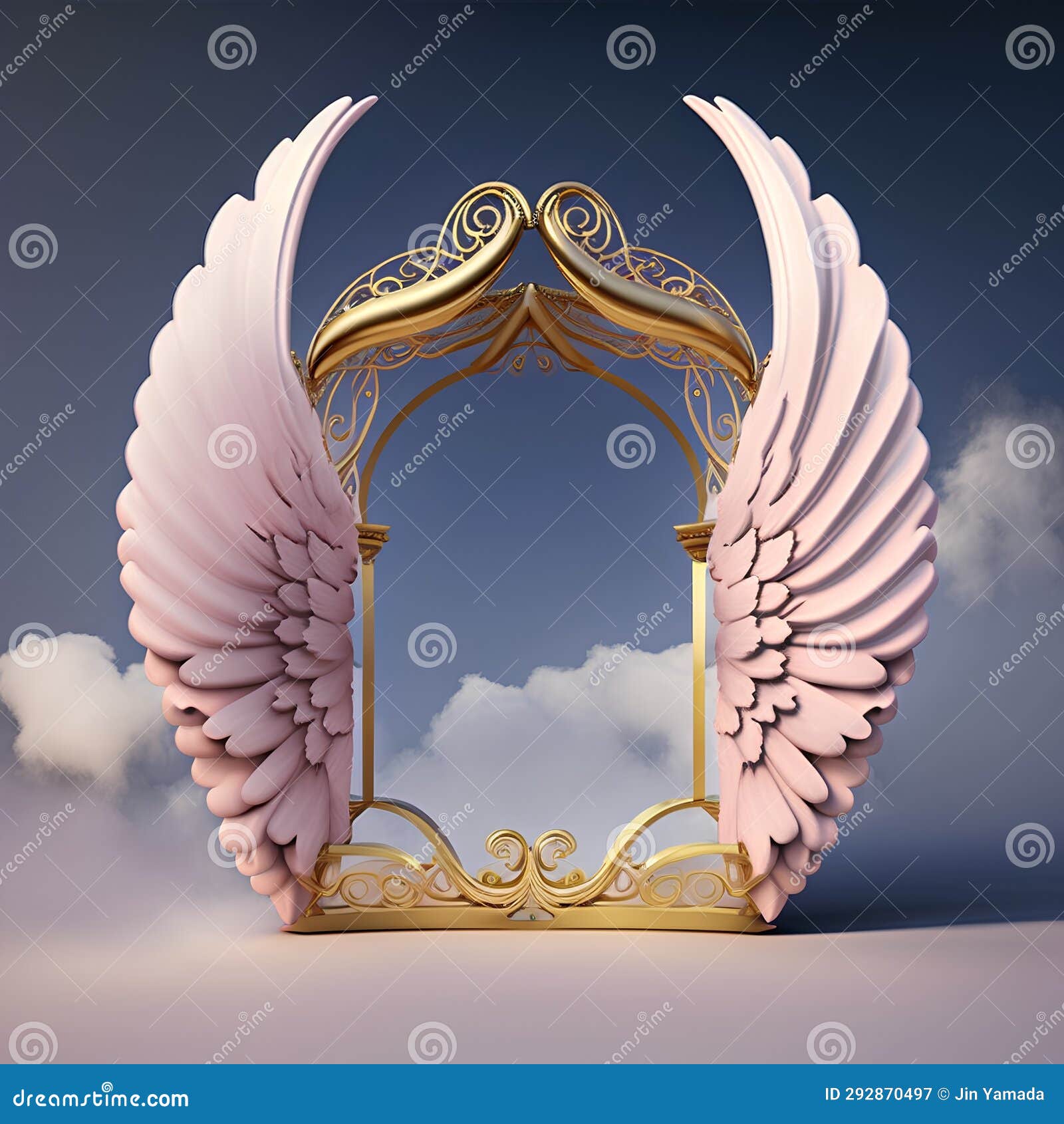 Golden Frame with Angel Wings on a Blue Background. 3d Rendering Stock ...