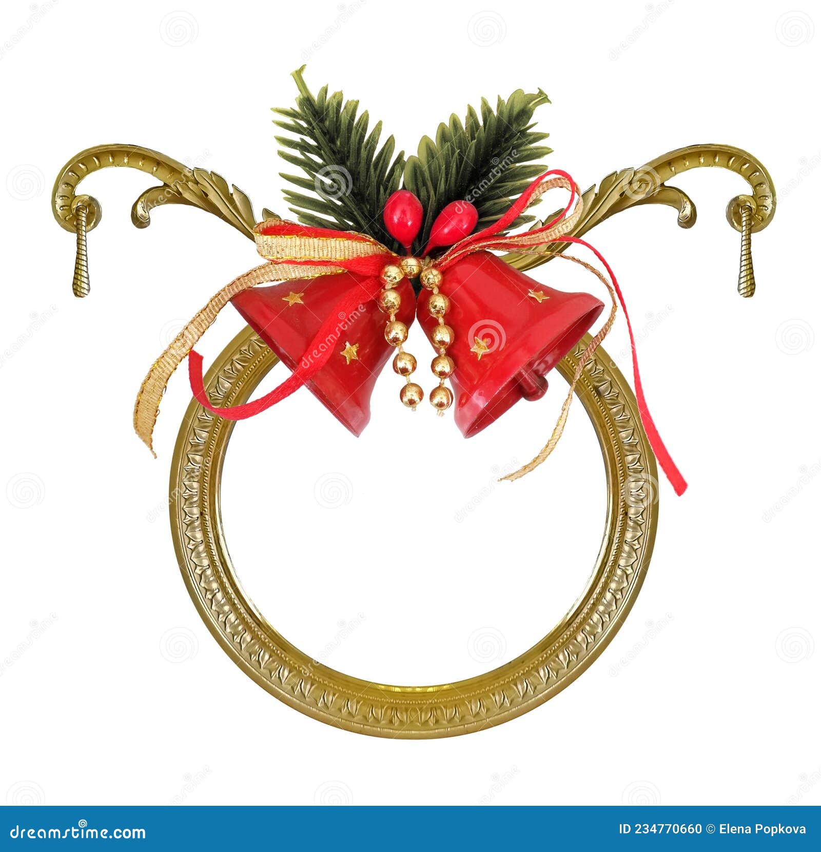 Golden Frame with Christmas Decorative Bells Isolated on a White ...
