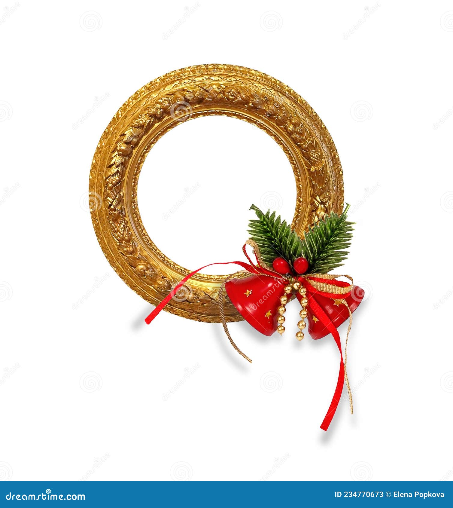 Golden Frame with Christmas Decorative Bells Isolated on a White ...