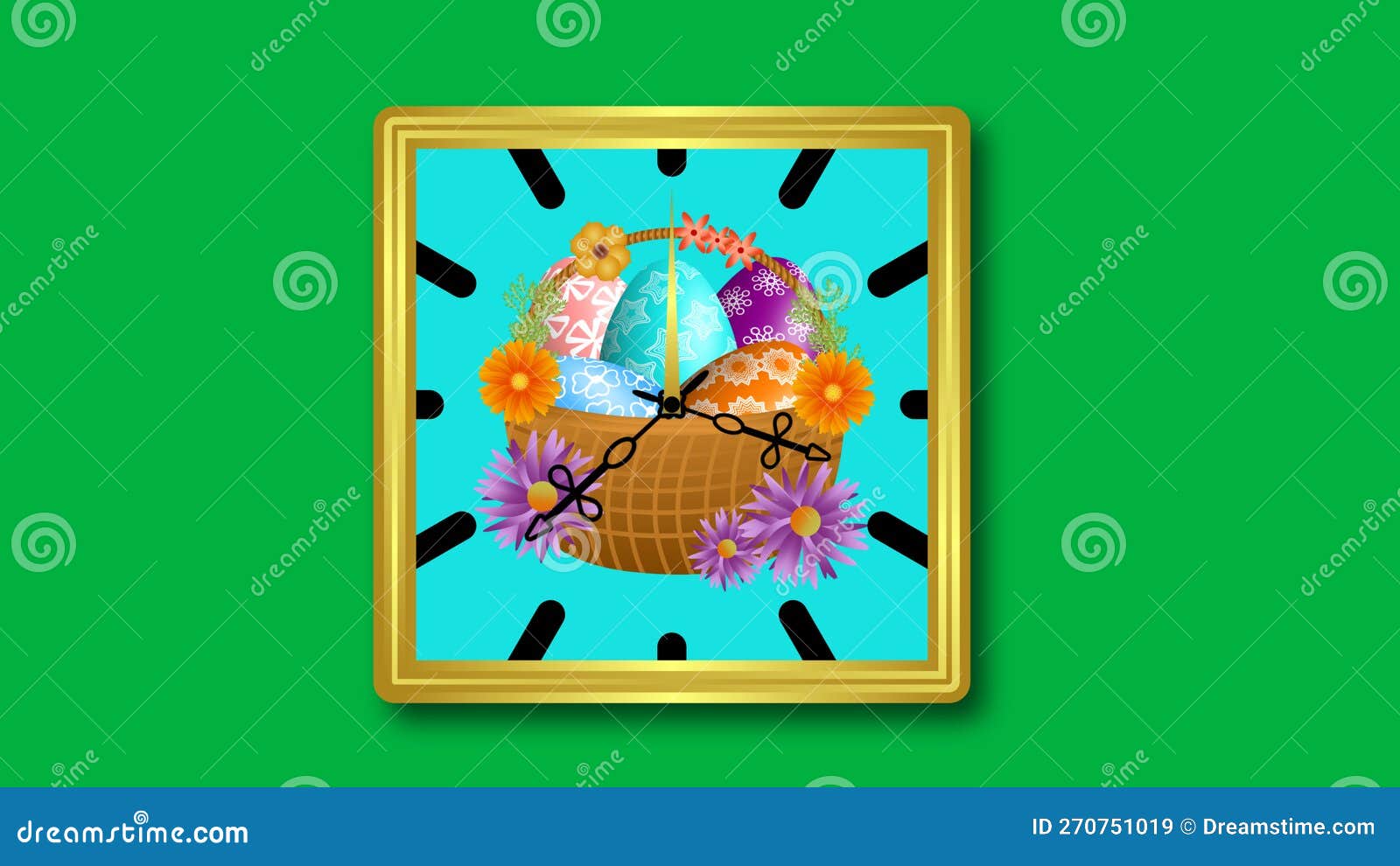 Golden Frame Easter Time Clock on Green Screen Stock Illustration ...