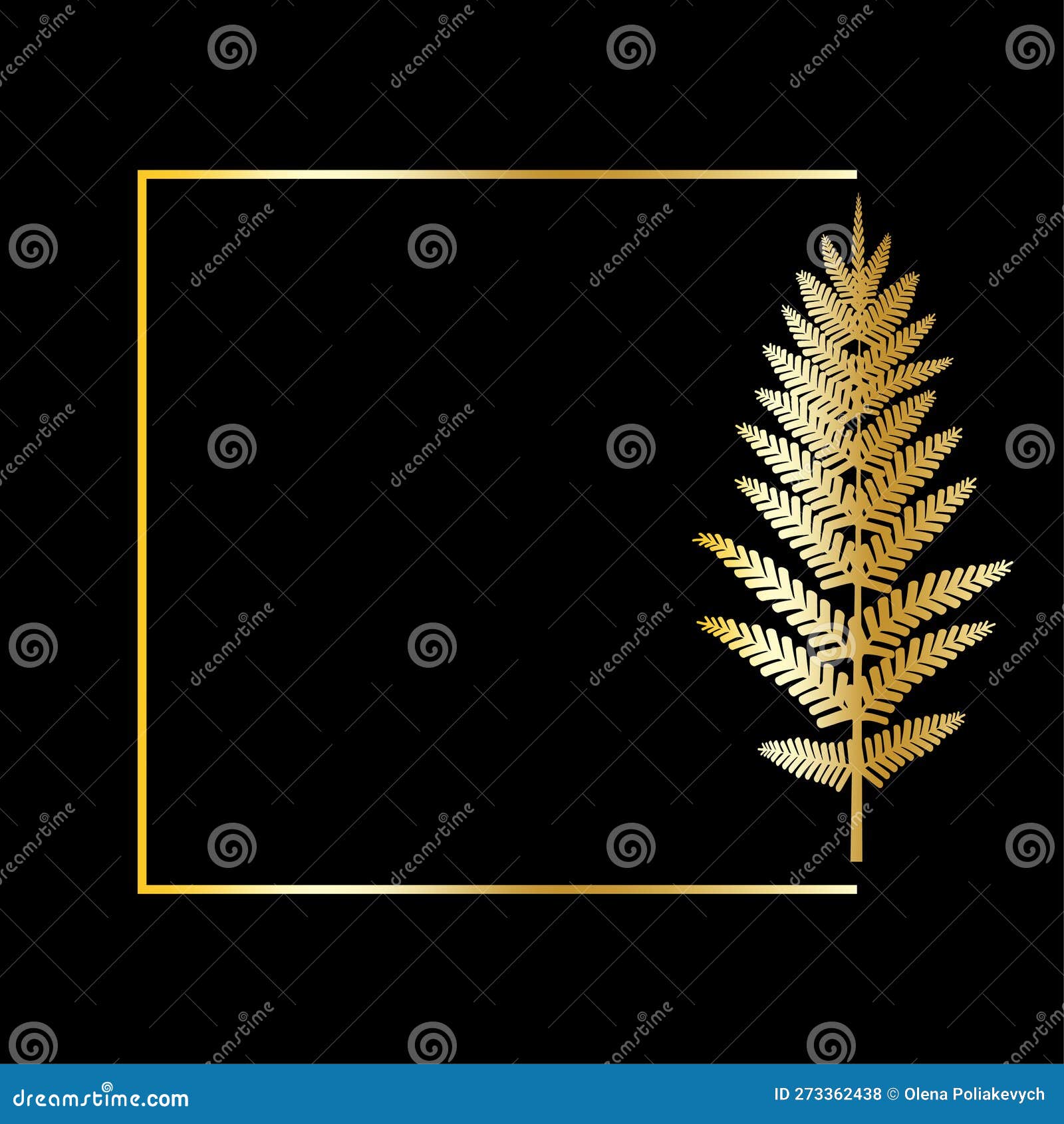 Golden Frame with Fern. Fern Frame on Black Background. Vector ...