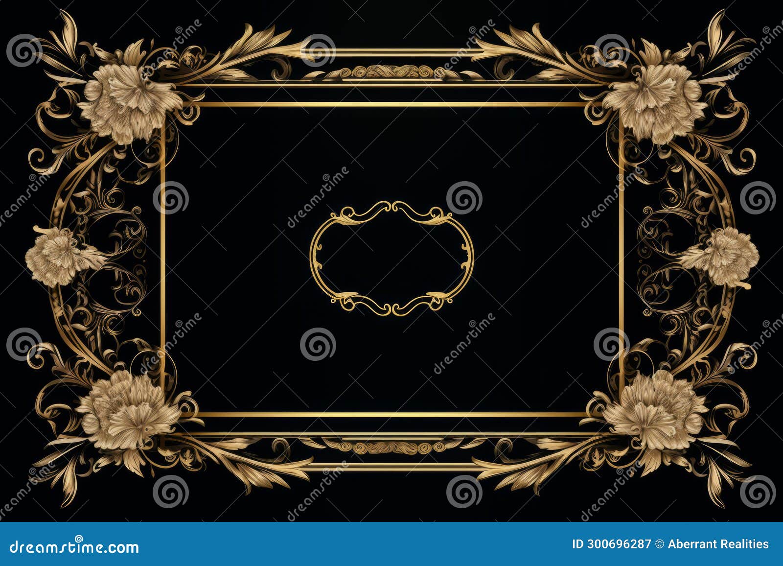 Golden Frame with Floral Pattern on Black Background Stock Illustration ...