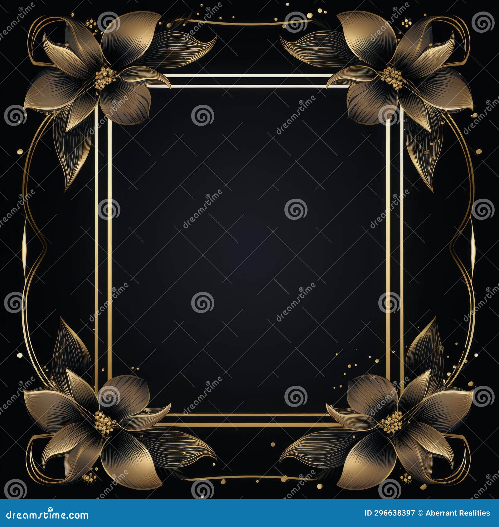 Golden Frame with Flowers on a Black Background Stock Illustration ...