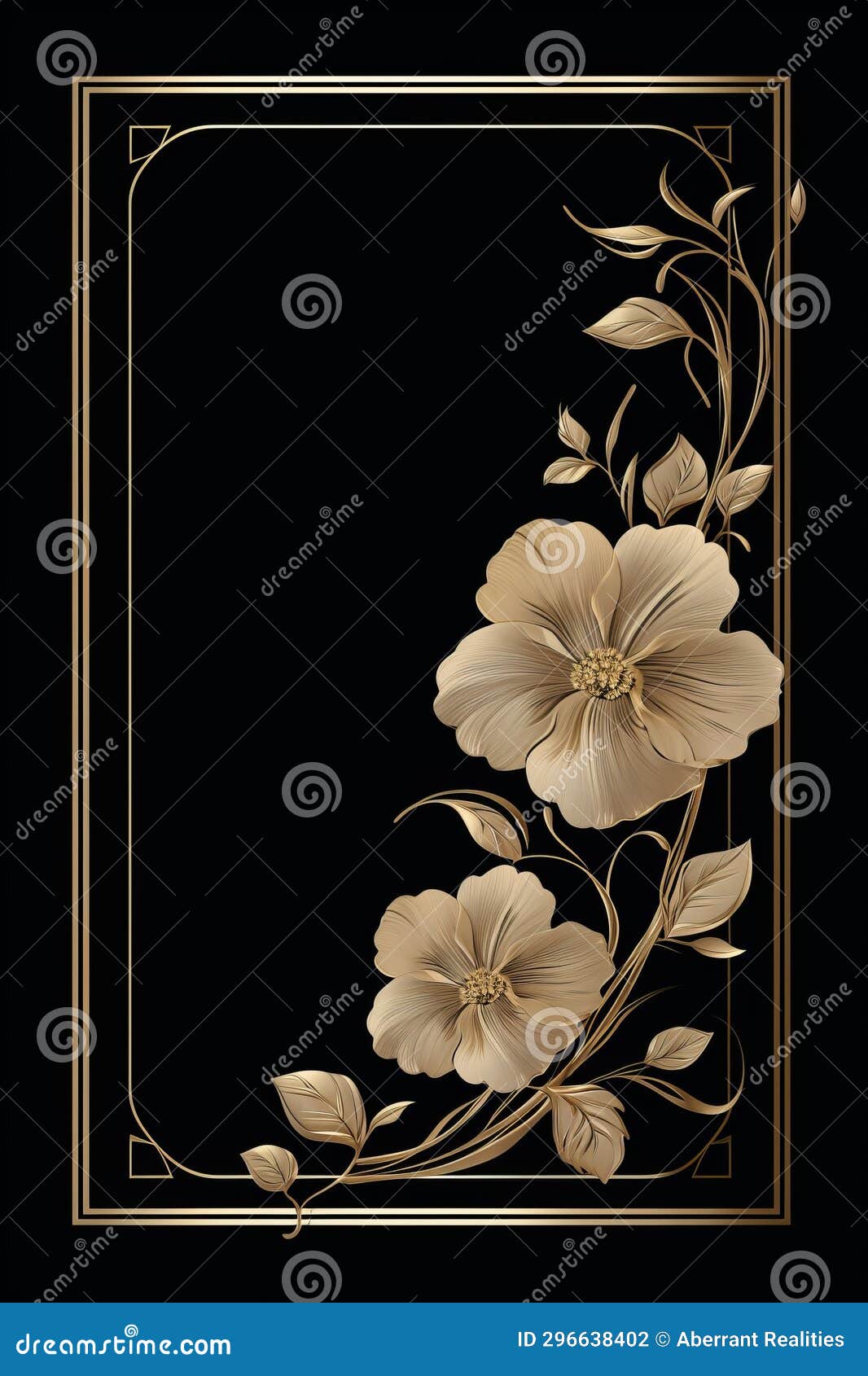 Golden Frame with Flowers on Black Background Stock Illustration ...