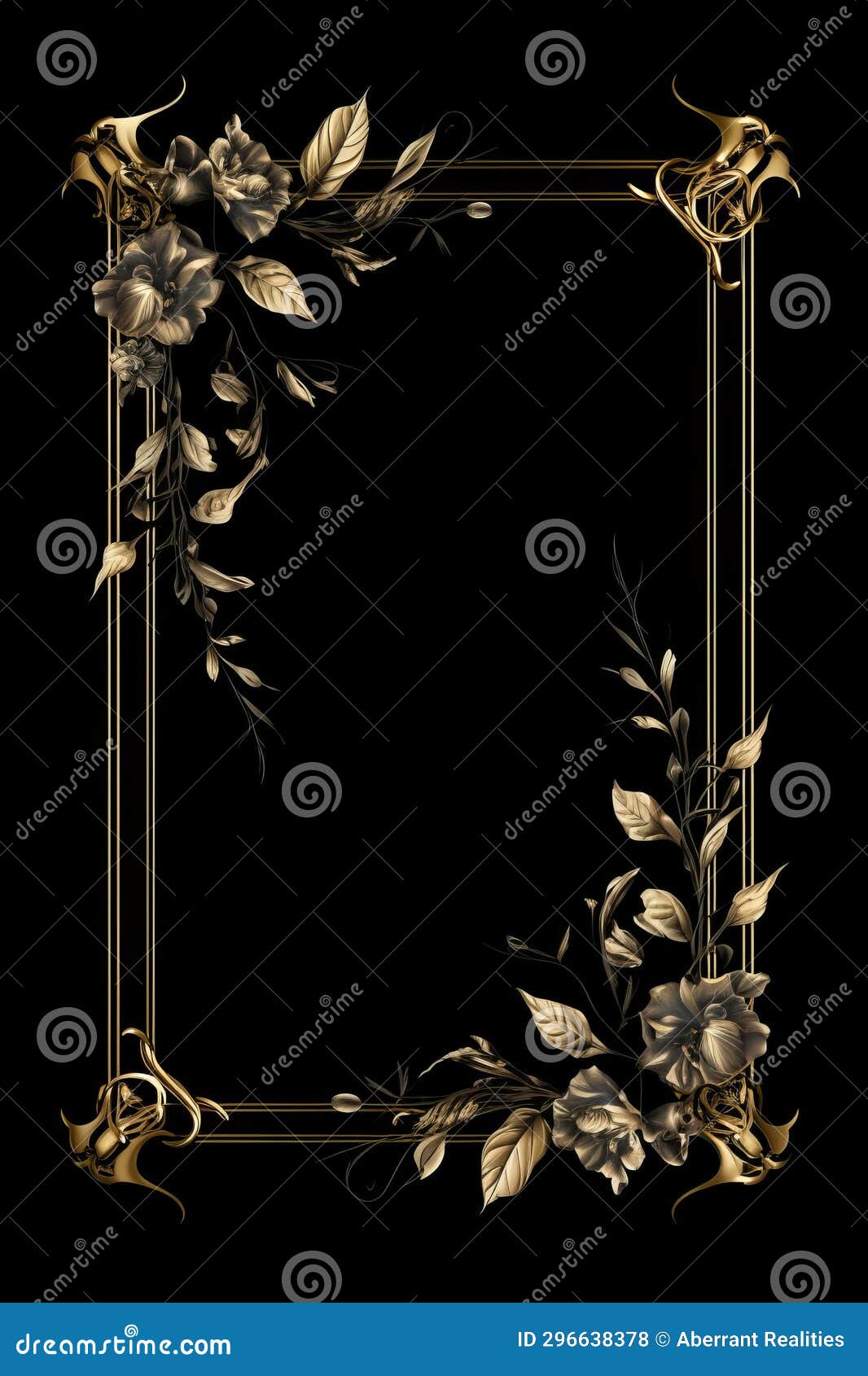 Golden Frame with Flowers and Leaves on a Black Background Stock ...