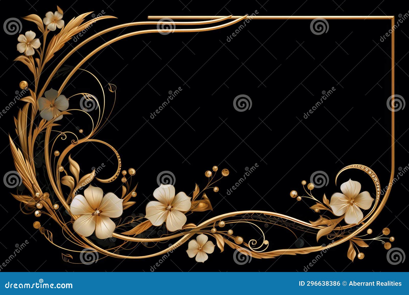 Golden Frame with Flowers and Leaves on a Black Background Stock ...