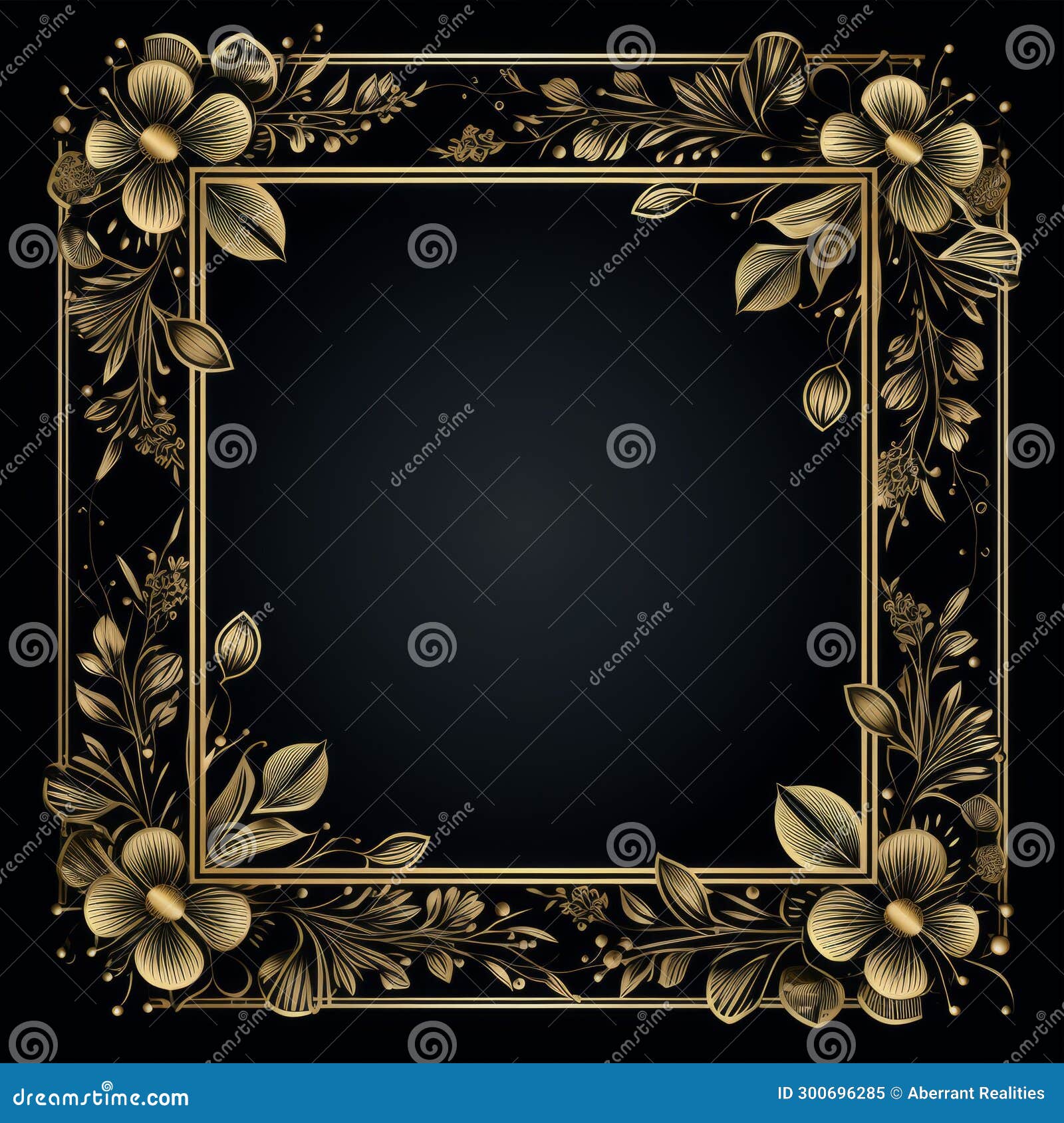 Golden Frame with Flowers and Leaves on a Black Background Stock ...