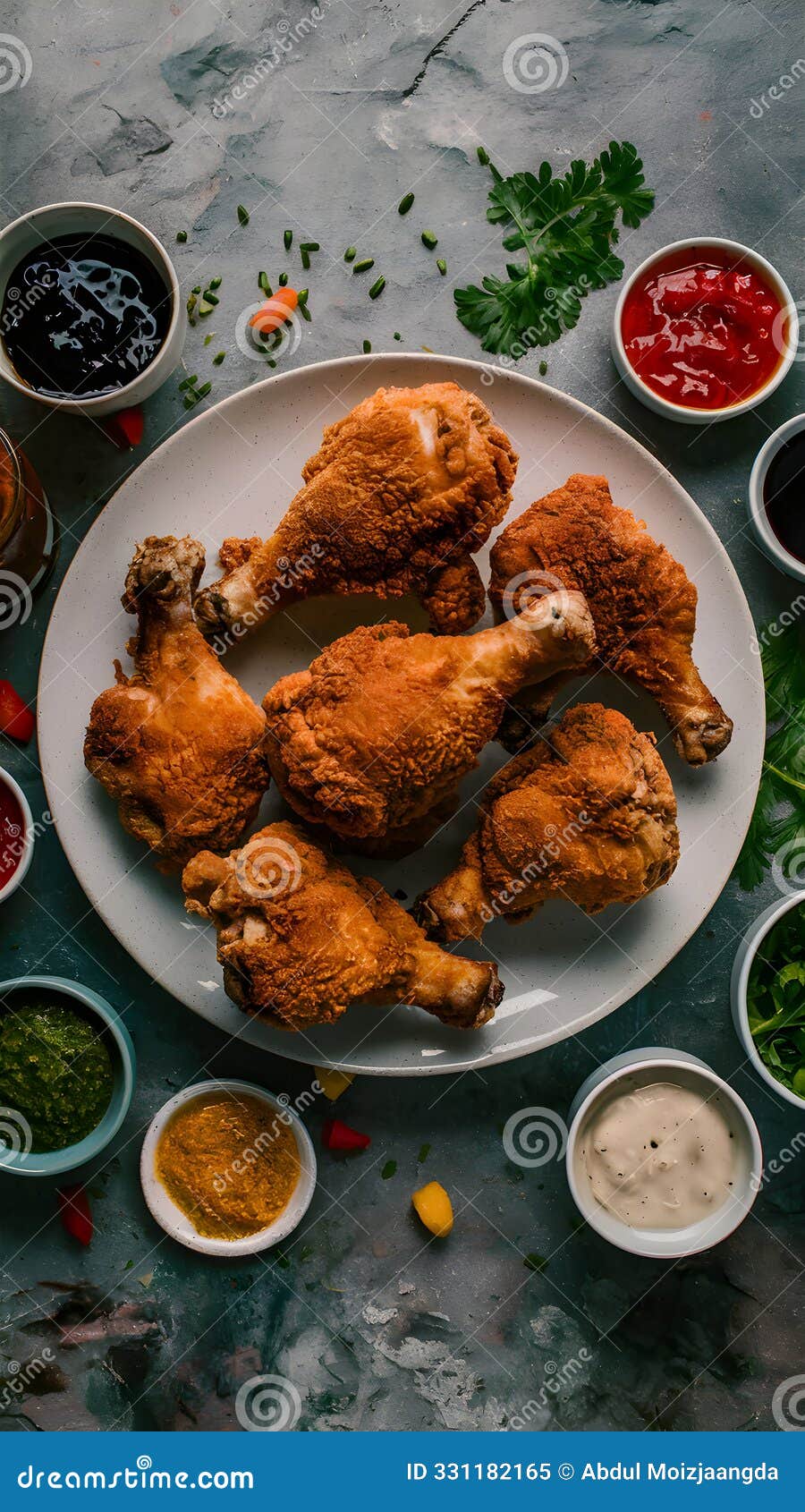 Golden Fried Chicken with Condiments on a Rustic Textured Surface Stock ...