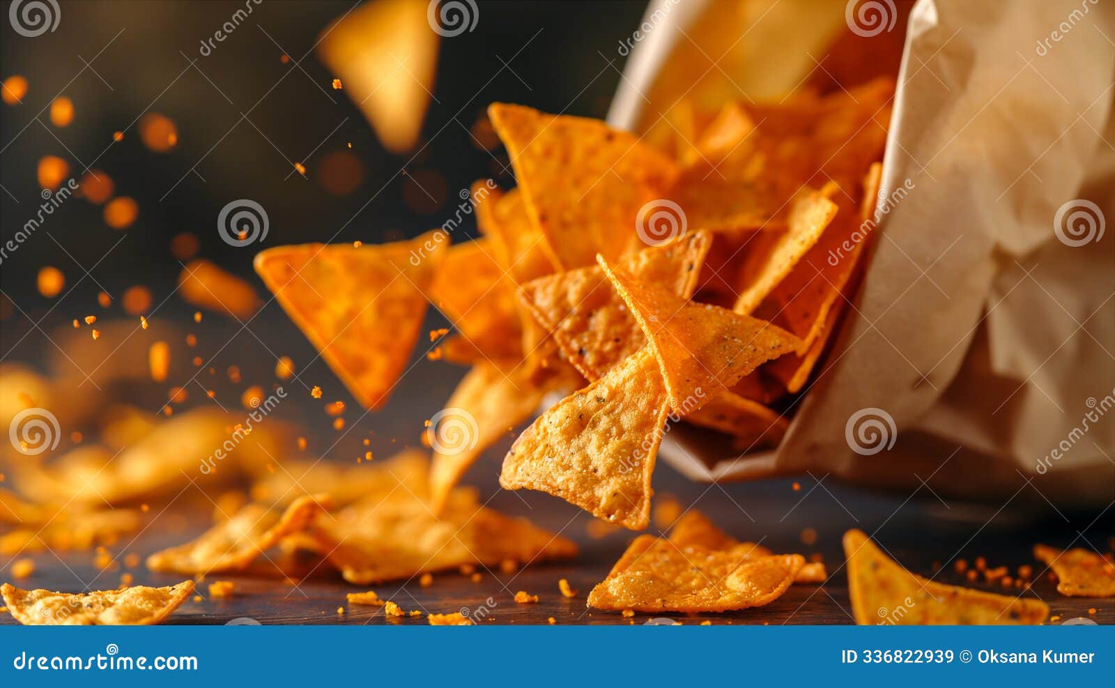 Golden Fried Snacks Cascade from a Rustic Bag in Cozy Kitchen Setting ...