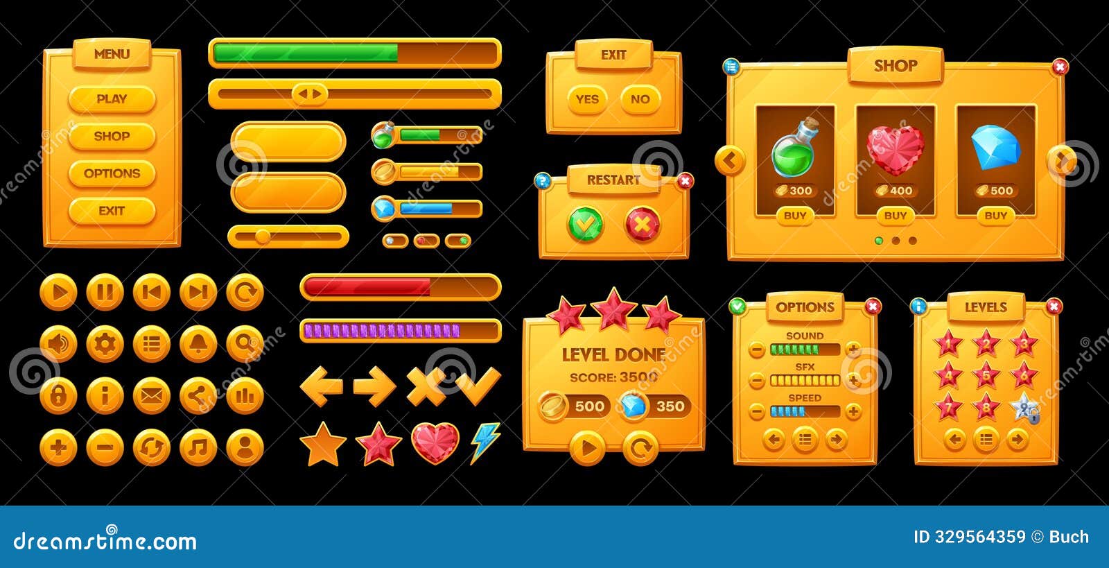 Golden Game Interface Icons, GUI Buttons, Panels Stock Illustration ...