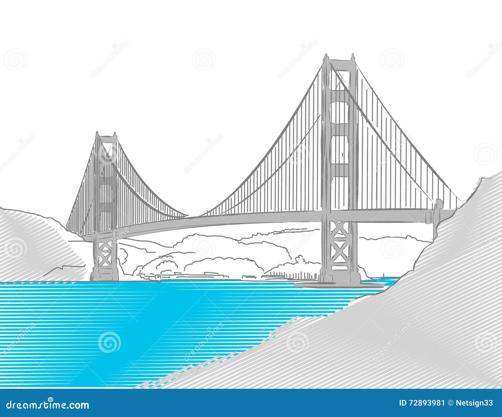 Golden Gate Bridge, San Francisco, Gekleurde Schets Vector Illustratie ...