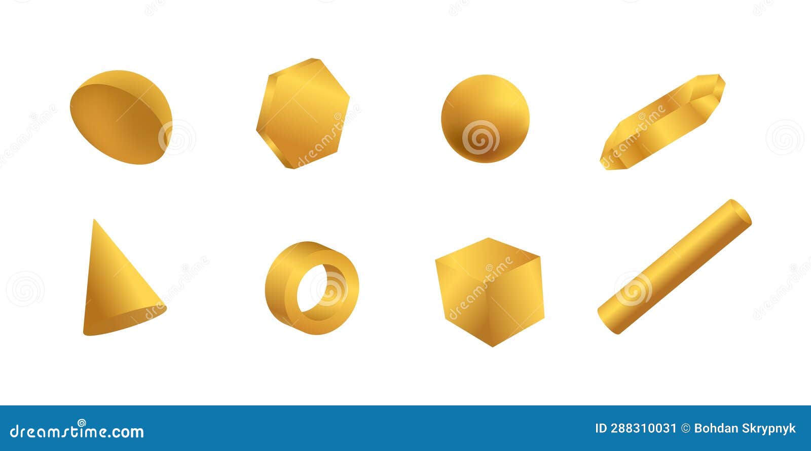 Golden Geometric 3d Shapes Set. Cylinders with Hexagon and Triangle ...