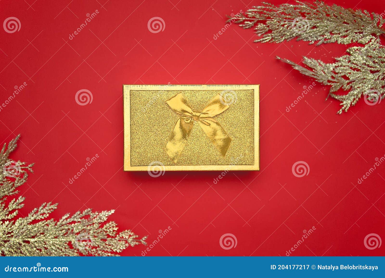 Golden Gift on Red Background, Gift Box Top View Stock Image - Image of ...