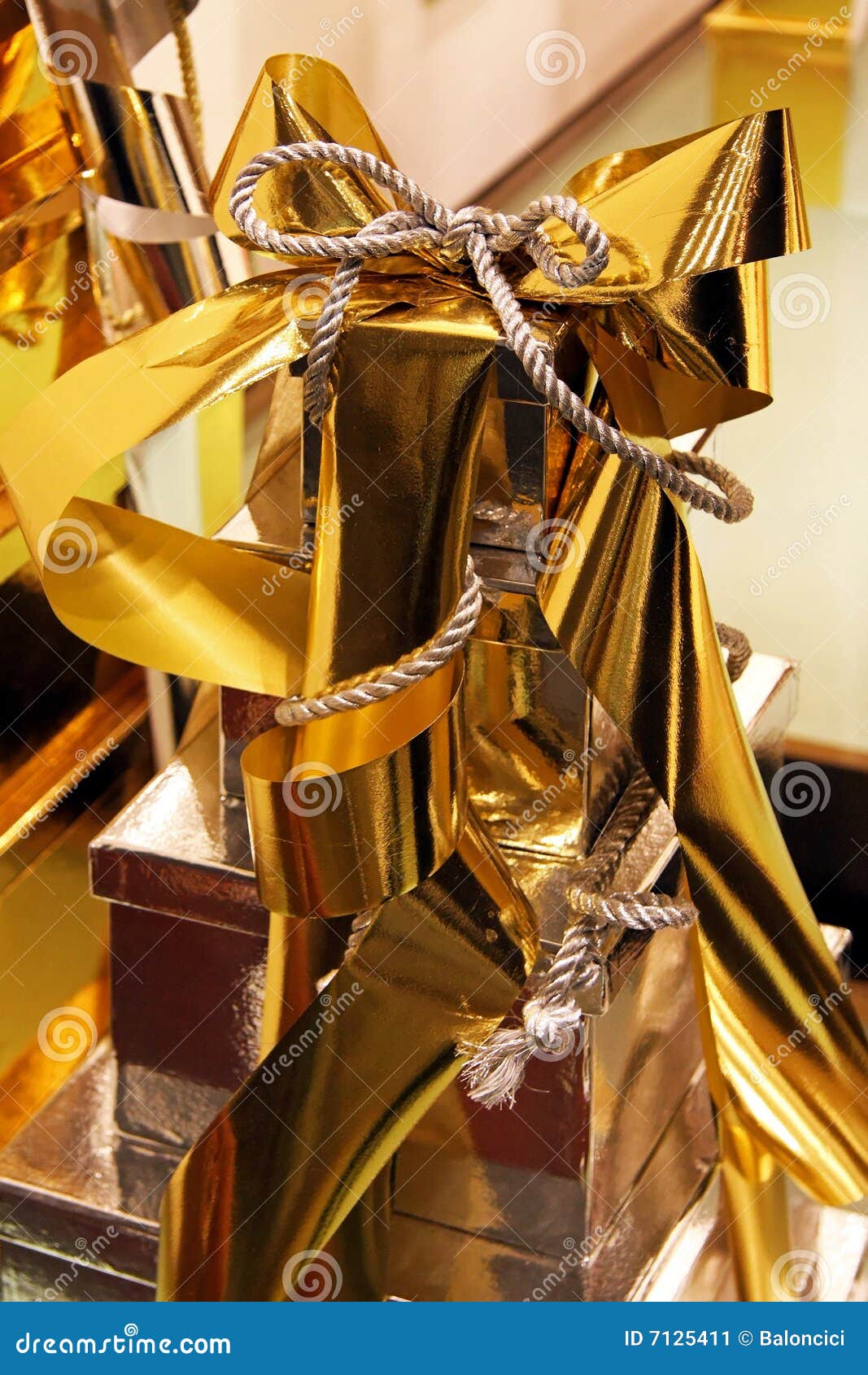 Golden gifts detail stock image. Image of party, wrap - 7125411