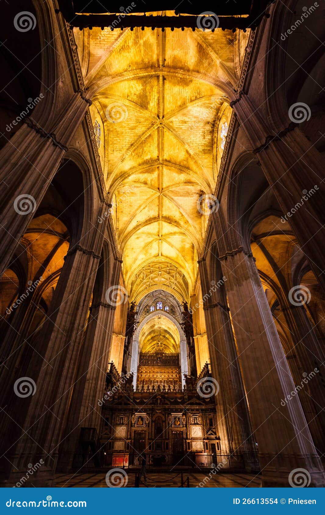 Golden Glowing Ceiling Beams Extend through Church Stock Photo - Image ...