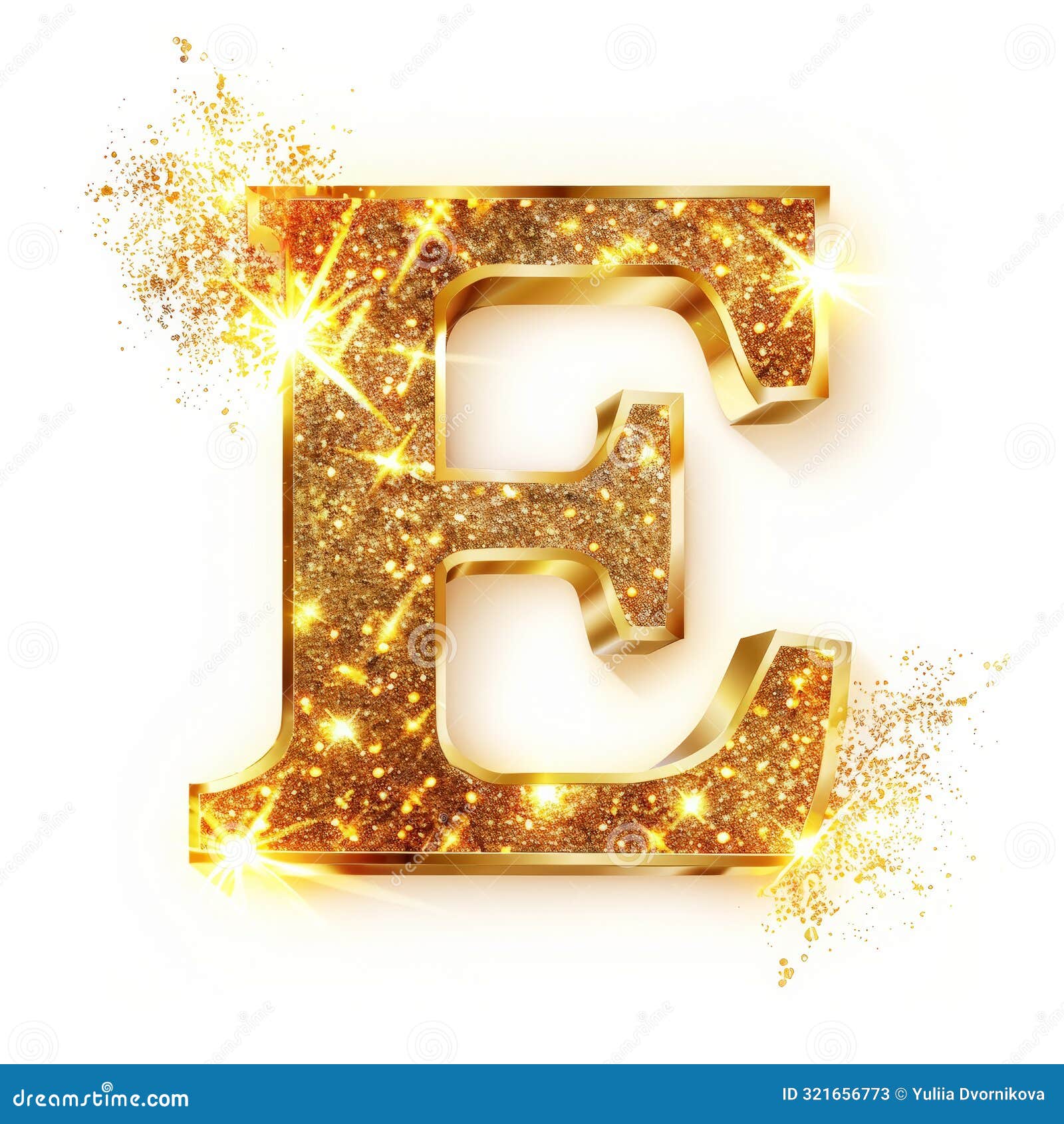 Golden Glowing Letter E with Gold Dust on White Clean Background ...