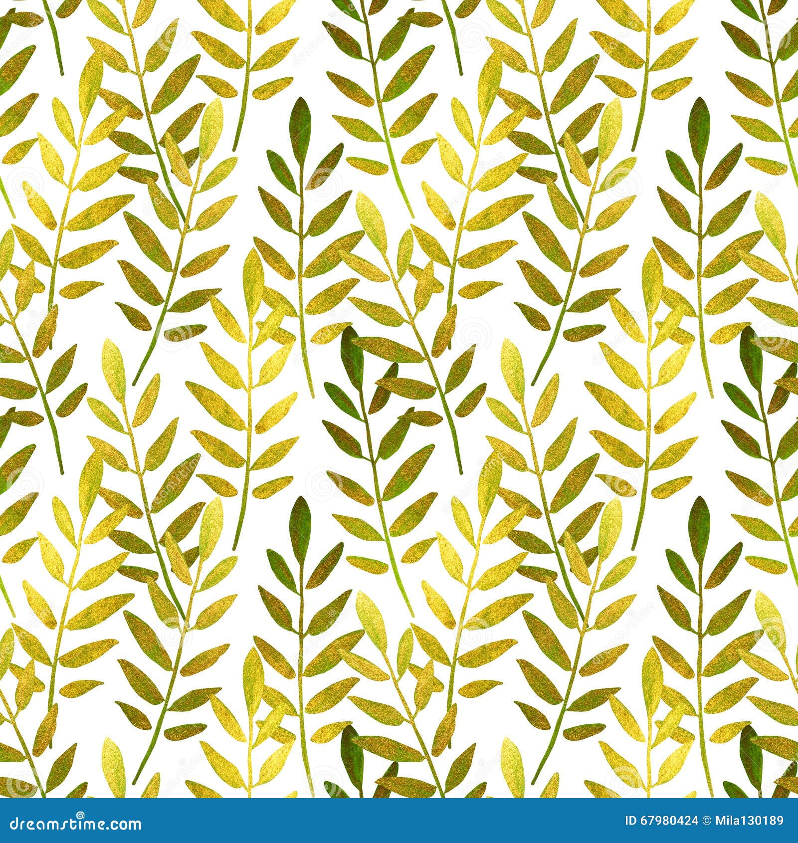 Golden and Green Hand-painted Leaves on White Background, Seamless ...