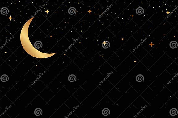Golden Half Moon and Star in Night Sky Stock Illustration ...