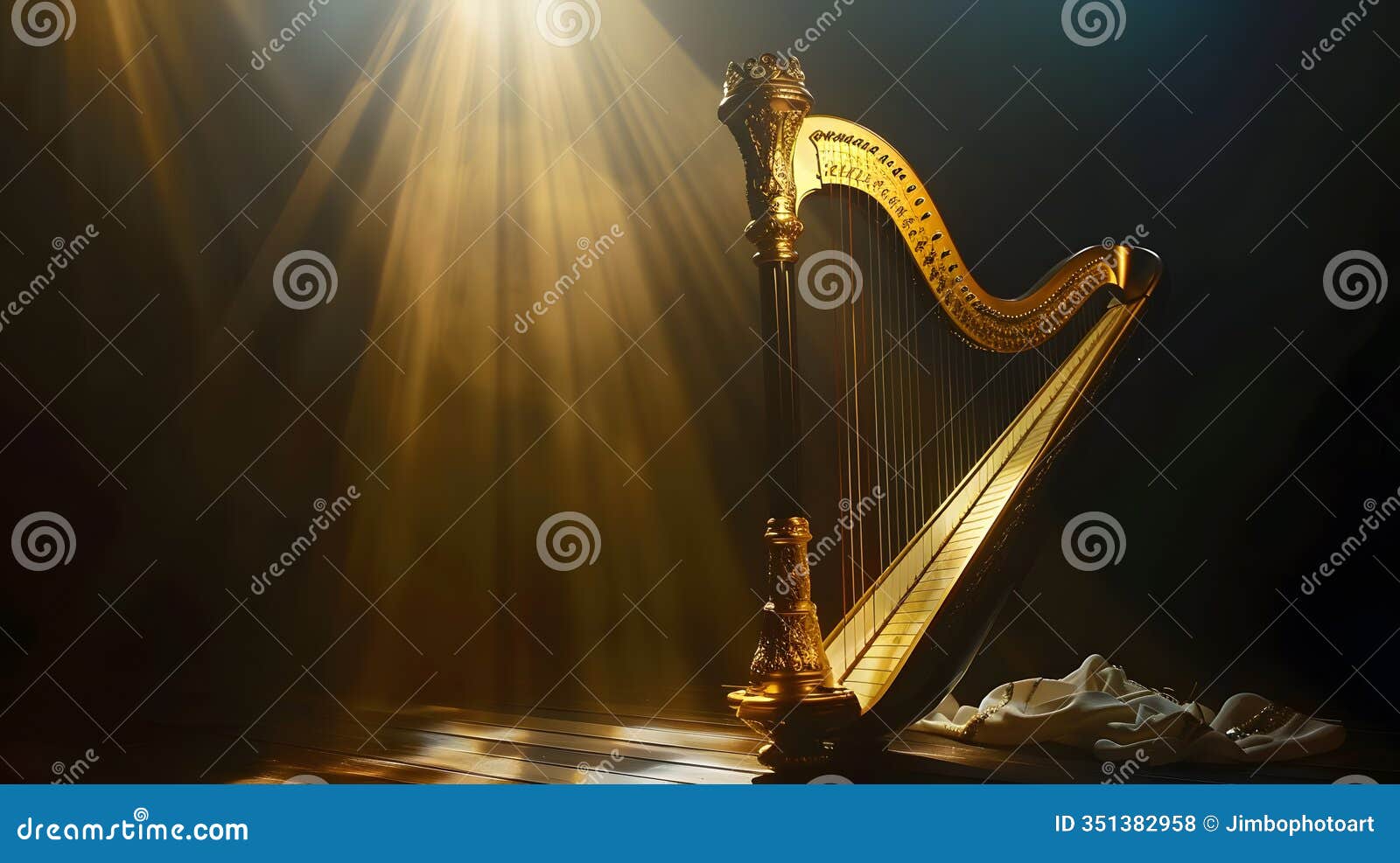 Golden Harp Standing in the Spotlight on Dark Stage Stock Illustration ...