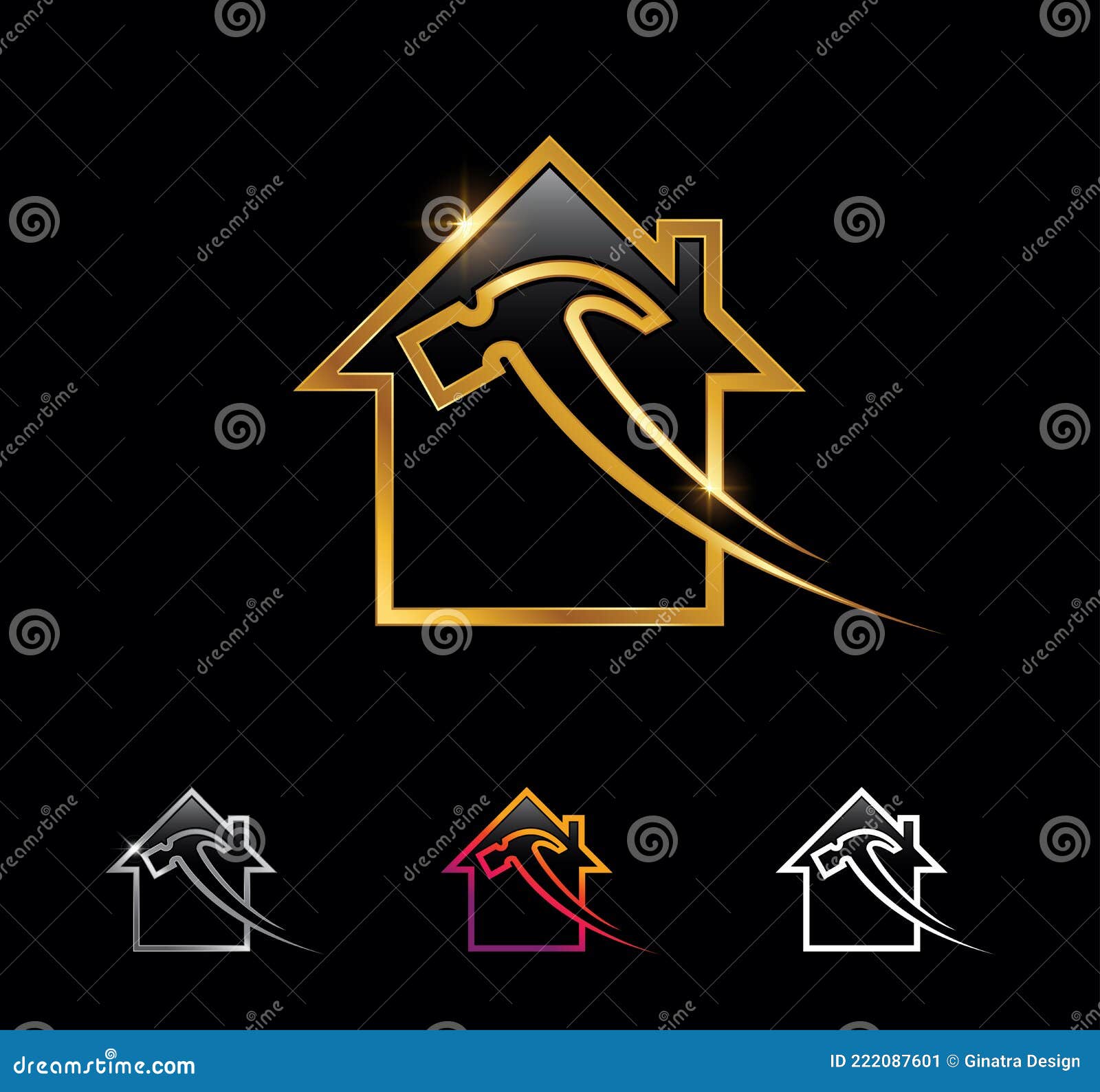 Golden Home and Hammer Outline Vector Sign Stock Vector - Illustration ...
