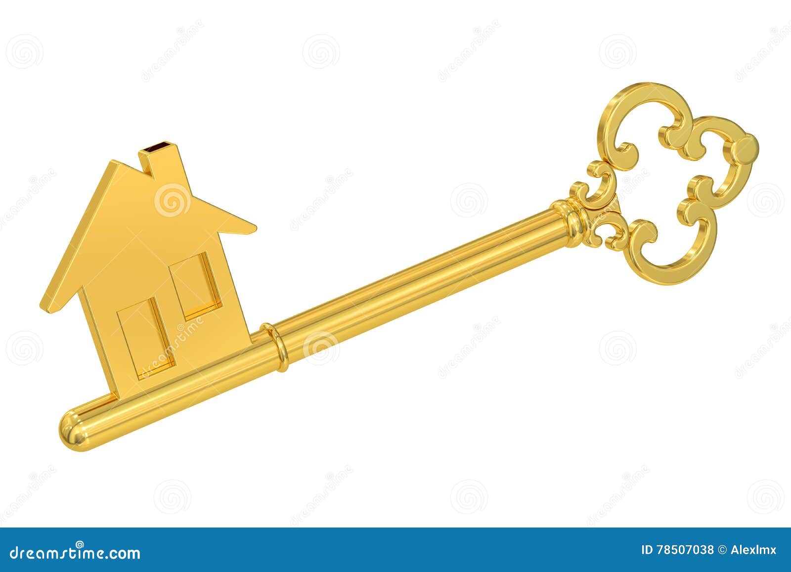 Golden Home Key with House Silhouette, 3D Rendering Stock Illustration ...