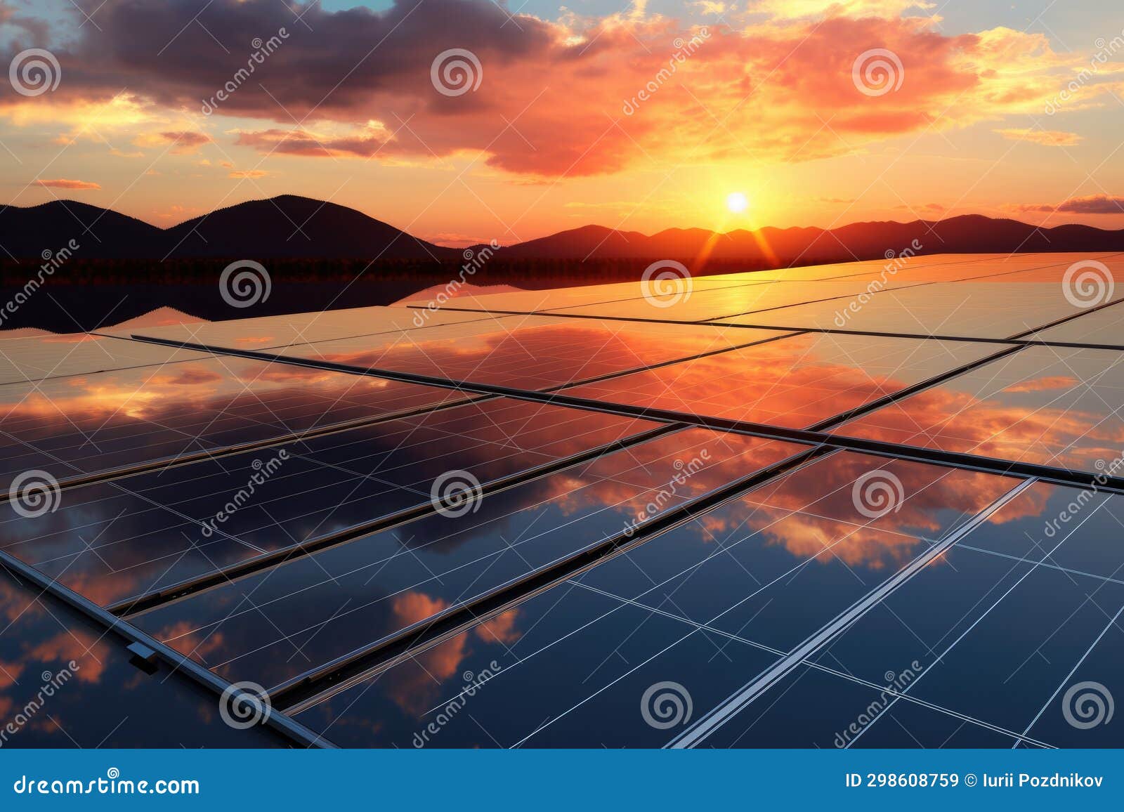 Golden Hour Landscape with Solar Panel Array Generating Green Energy ...