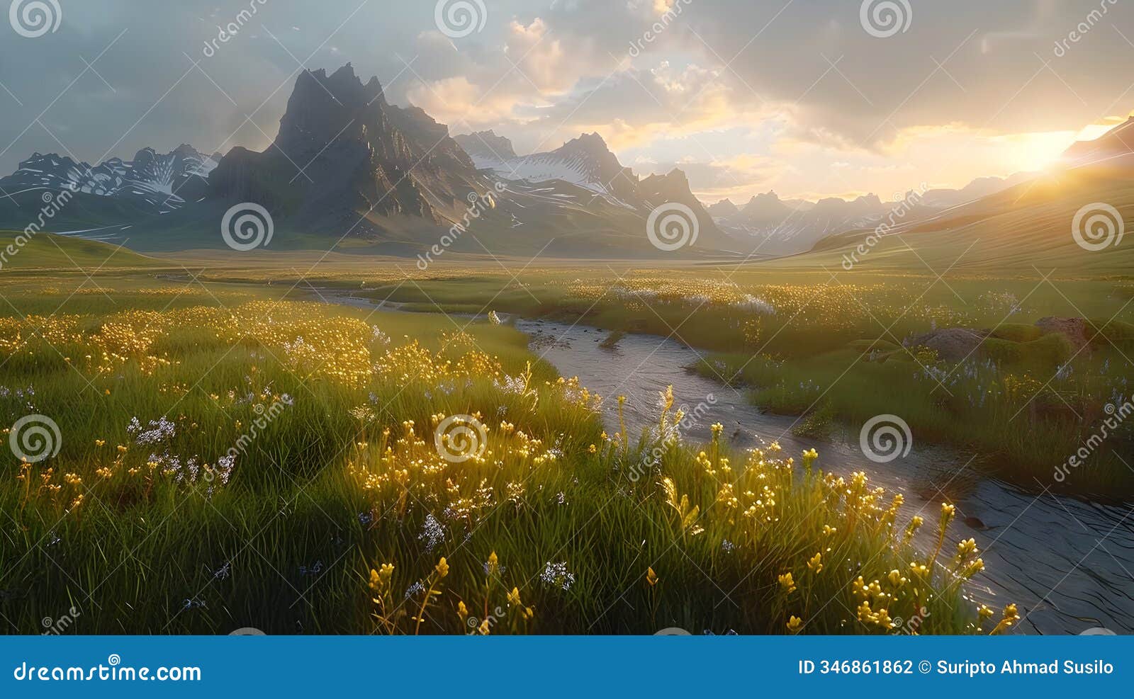 Golden Hour Meadow Landscape Illustration Stock Illustration ...