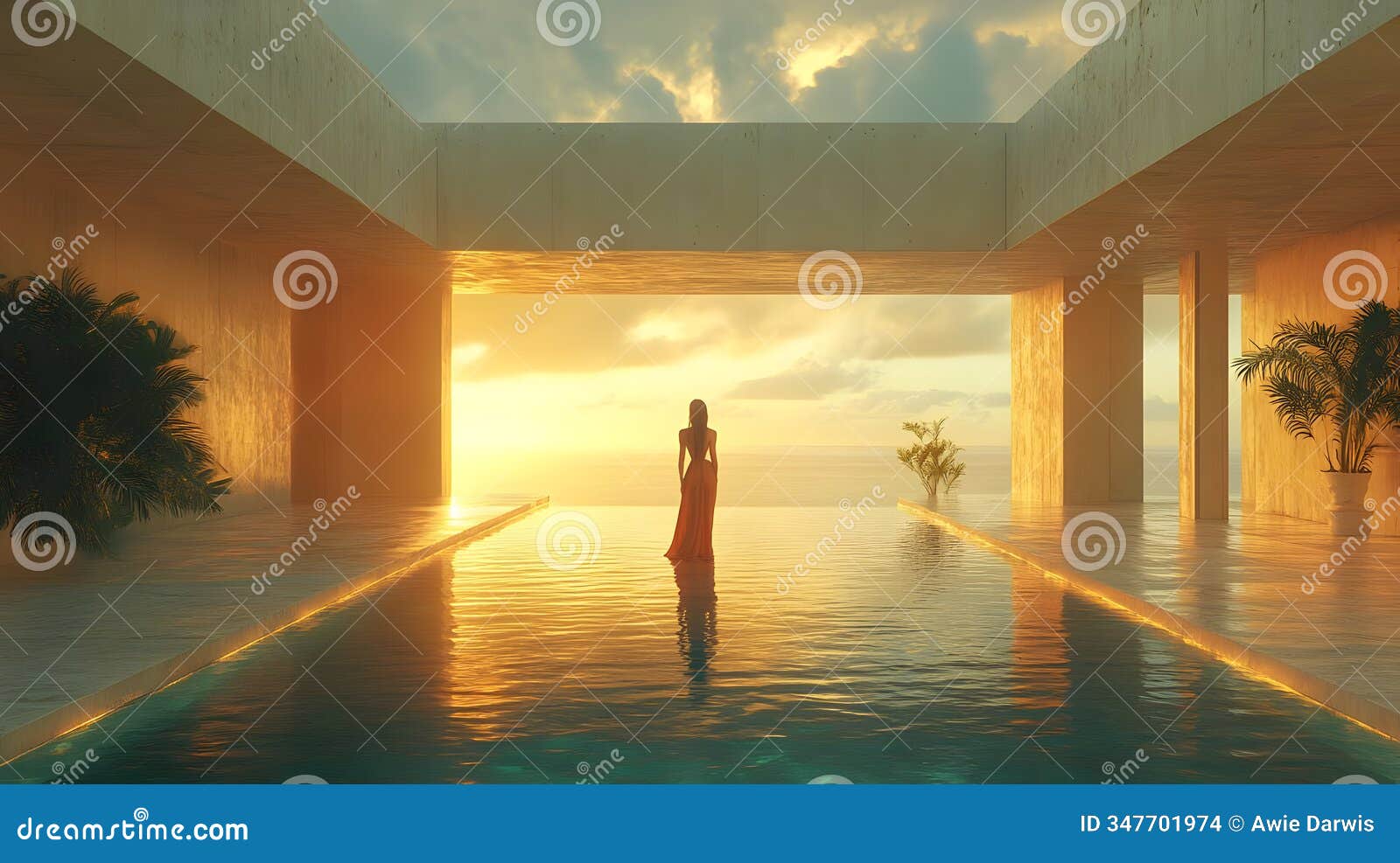 Golden Hour by the Pool - 3d Illustration Stock Illustration ...