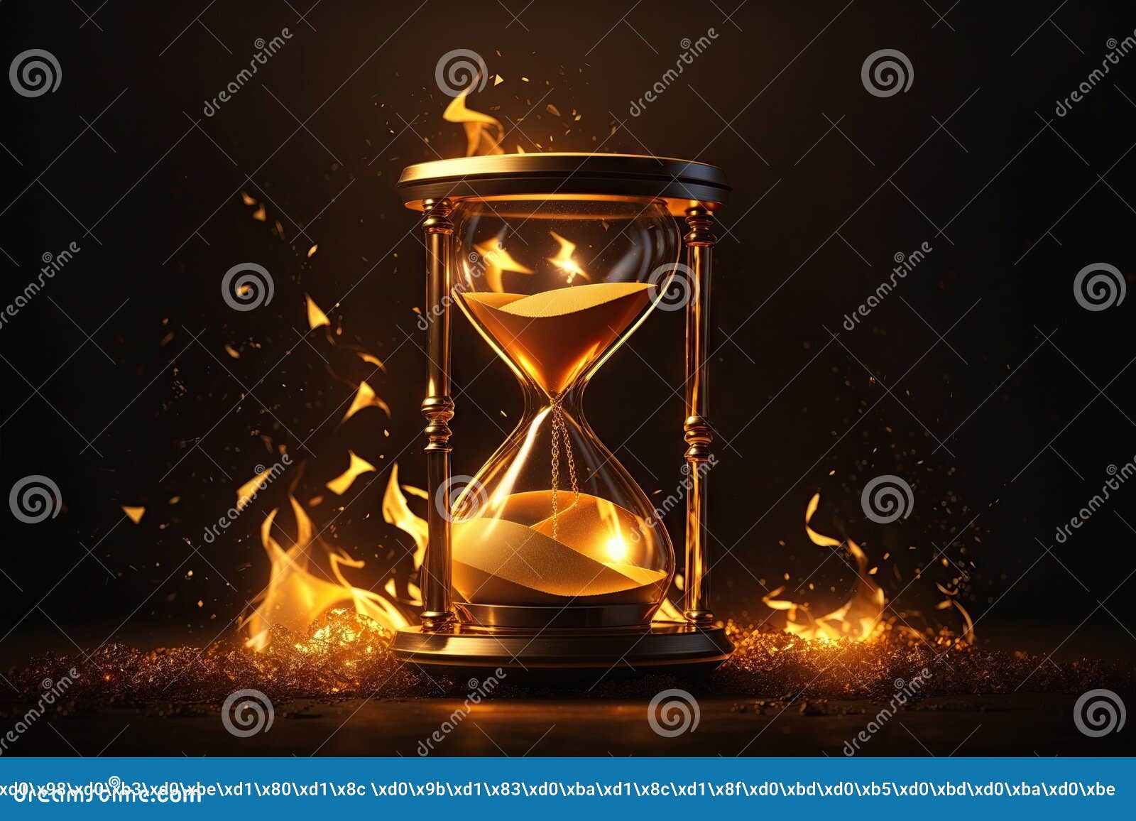 Golden Hourglass in Fire Illustration on Dark Background. Ai Generative ...