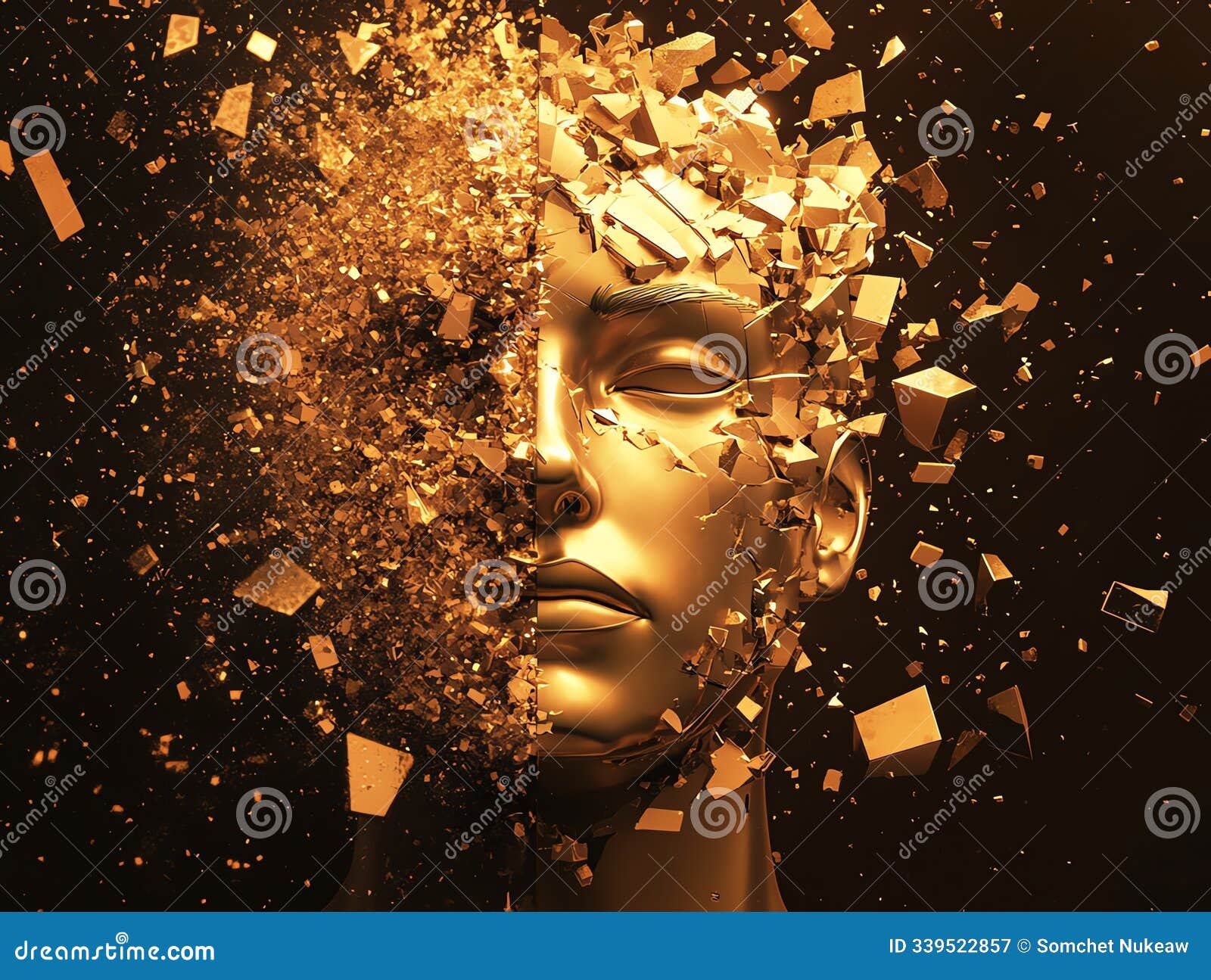 A Golden Human Head Explodes into Fragments Stock Illustration ...